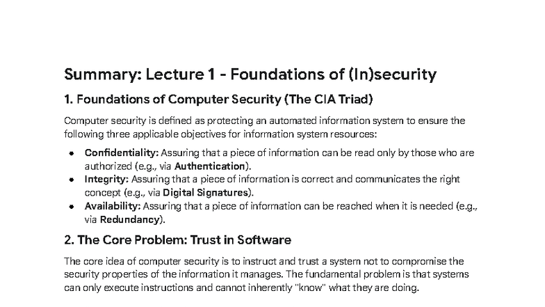 Summary: Lecture 1 - Foundations of Computer Security (CS101) - Studeersnel