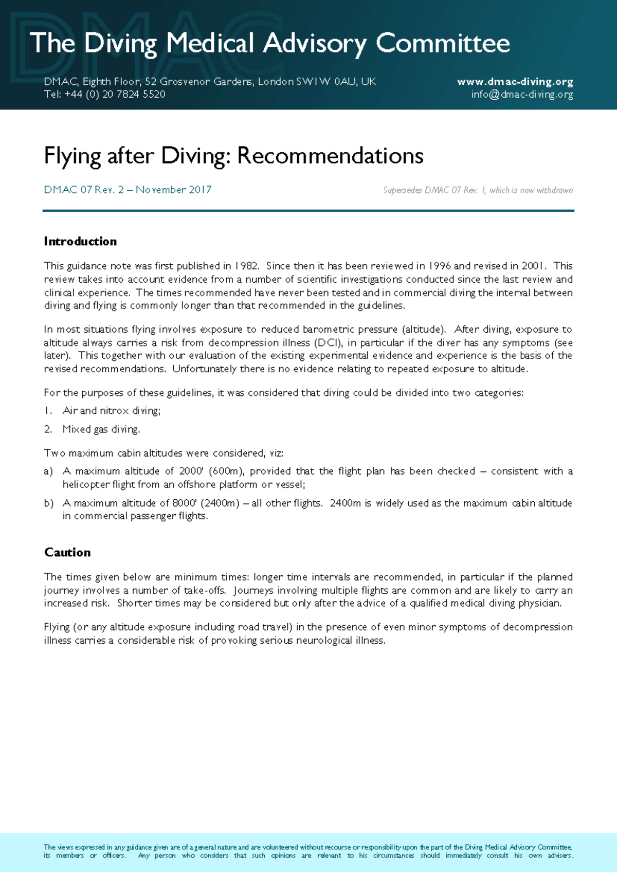 DMAC 07 Rev. 2: Flying After Diving Recommendations - Studocu