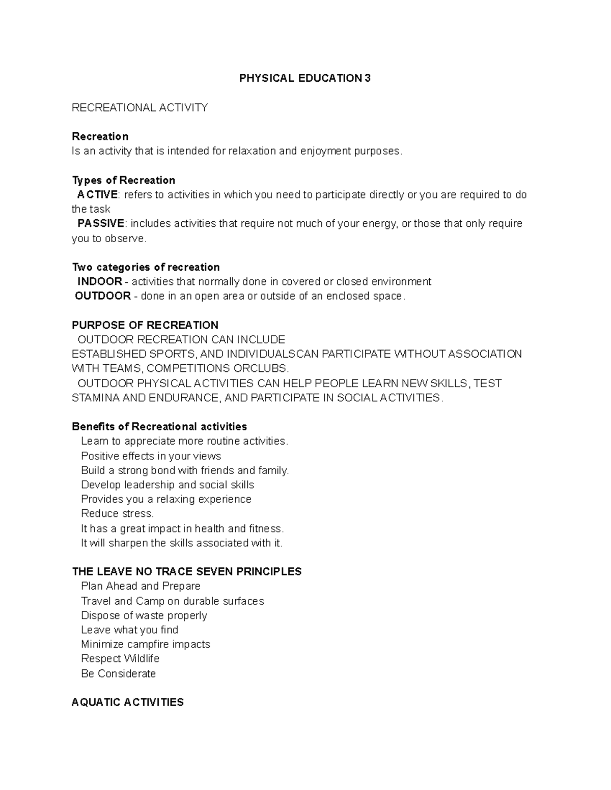 PHYSICAL EDUCATION 3 RECREATIONAL ACTIVITIES REVIEW - Studocu