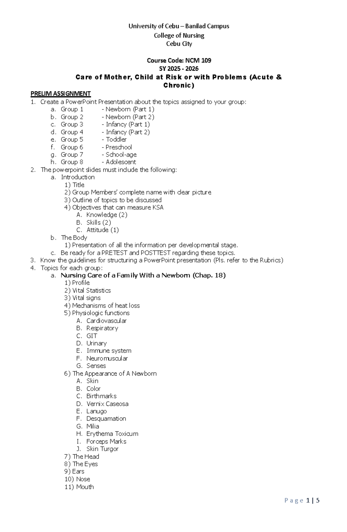 NCM 109 Prelim Assignment: PowerPoint on Mother & Child Care - Studocu