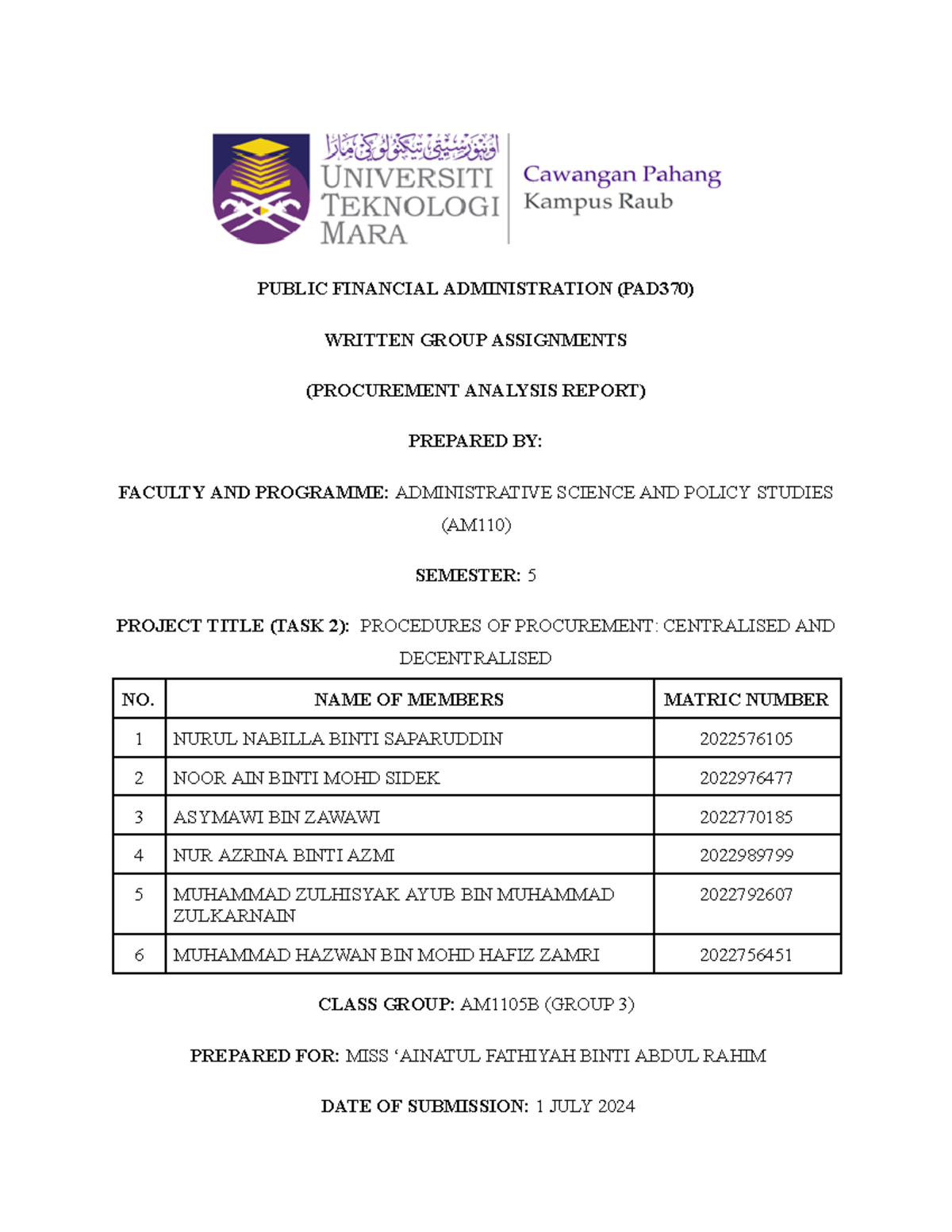 PAD370 Analysis Report - PUBLIC FINANCIAL ADMINISTRATION (PAD370) WRITTEN GROUP ASSIGNMENTS ...