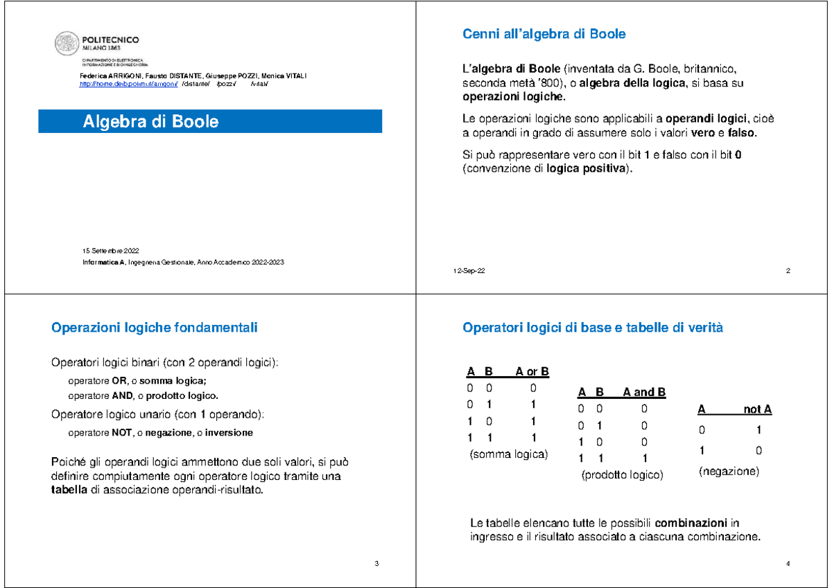 Algebra di Boole: Fondamenti e Operazioni Logiche - Informatica A - Studocu