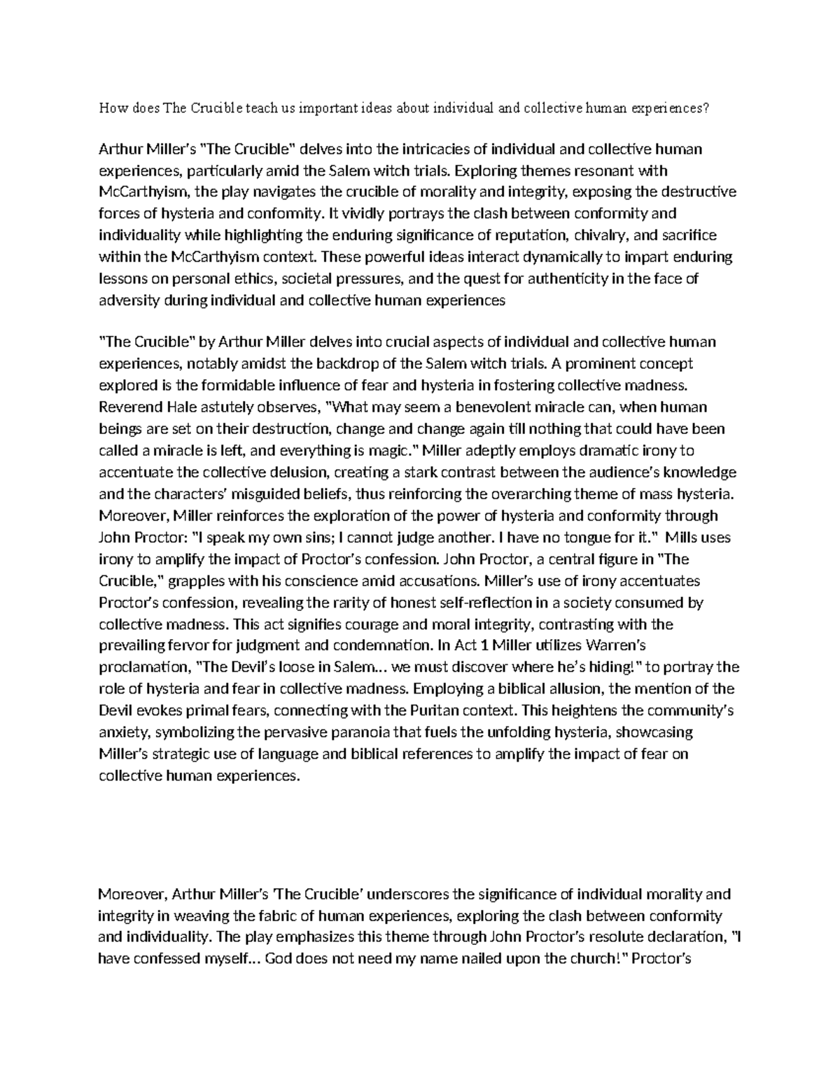 ENG Essay - The Crucible: Individual vs. Collective Human Experiences ...
