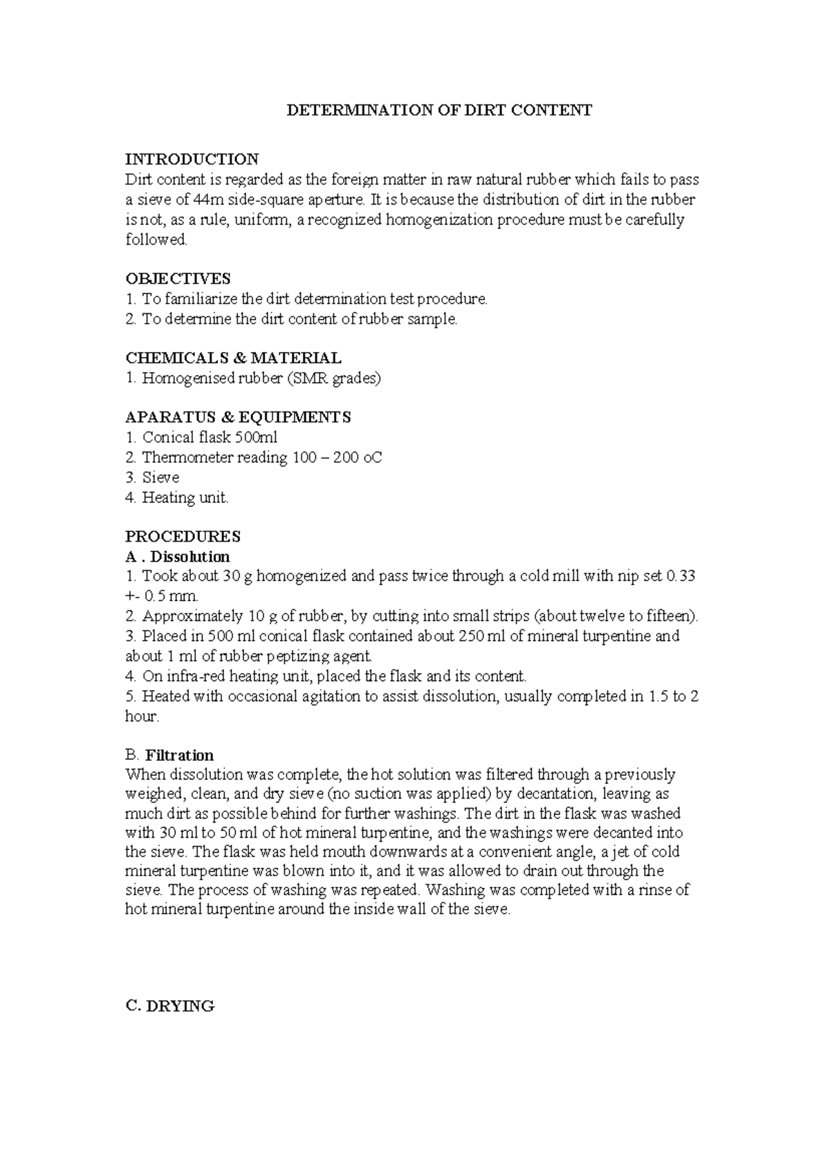 Determination of Dirt Content in Rubber Samples - Lab Procedure - Studocu