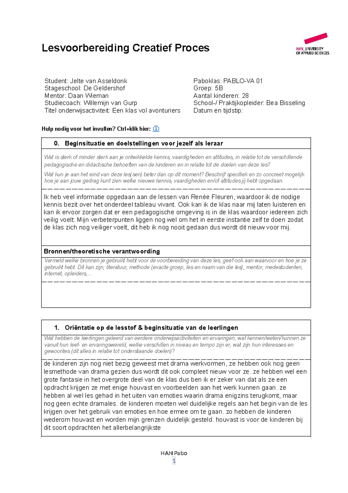 Lesvoorbereiding Creatief Proces - HAN Pabo 1 & 2 - Studeersnel