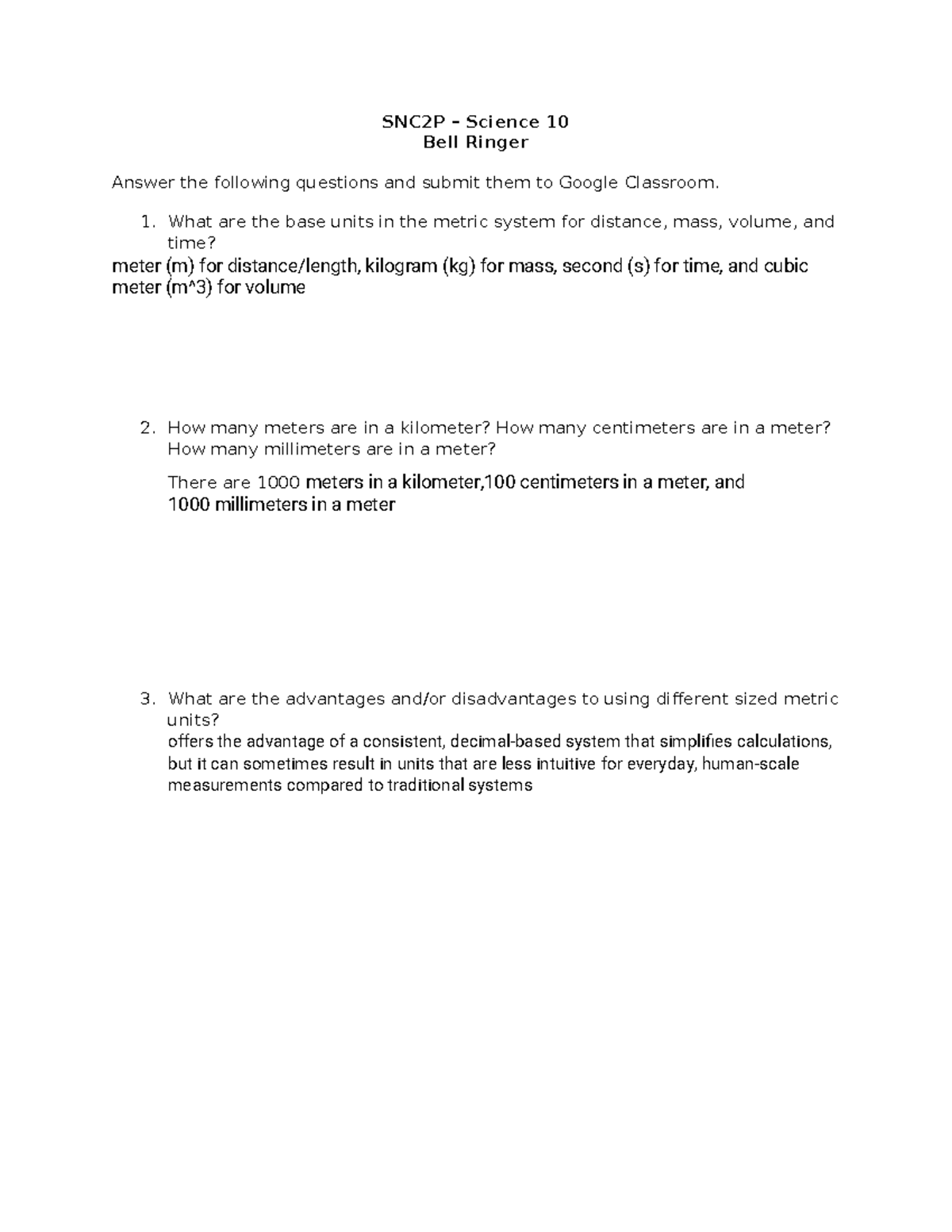 SNC2P Science 10 Bell Ringer: Understanding Metric Units - Studocu
