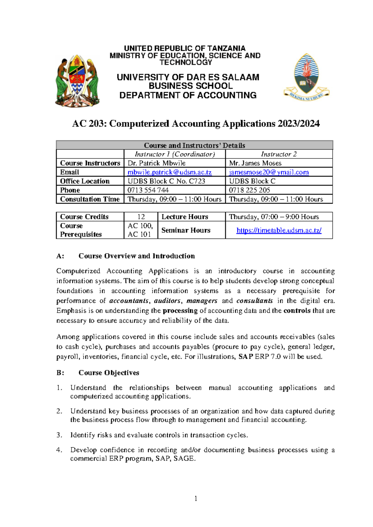 AC 203 Computerized Accounting Applications Course Outline 2023-2024 ...