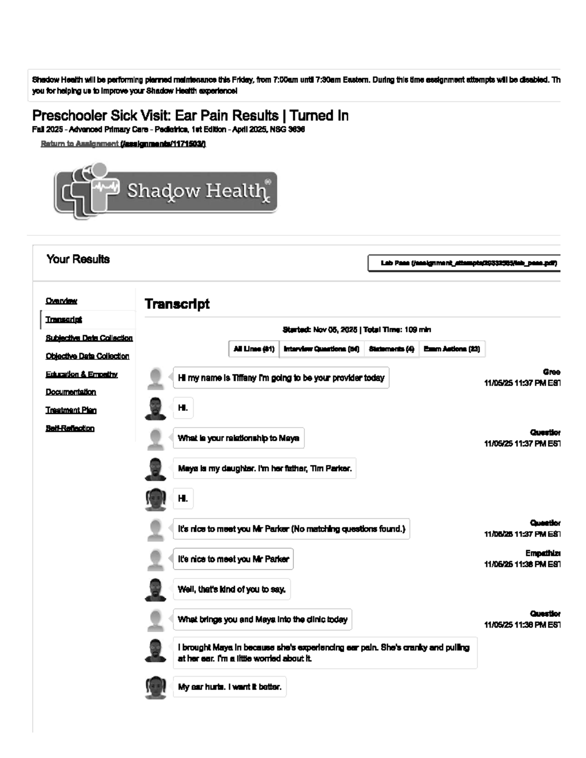 Shadow Health NSG 3636: Preschooler Sick Visit - Ear Pain Transcript ...