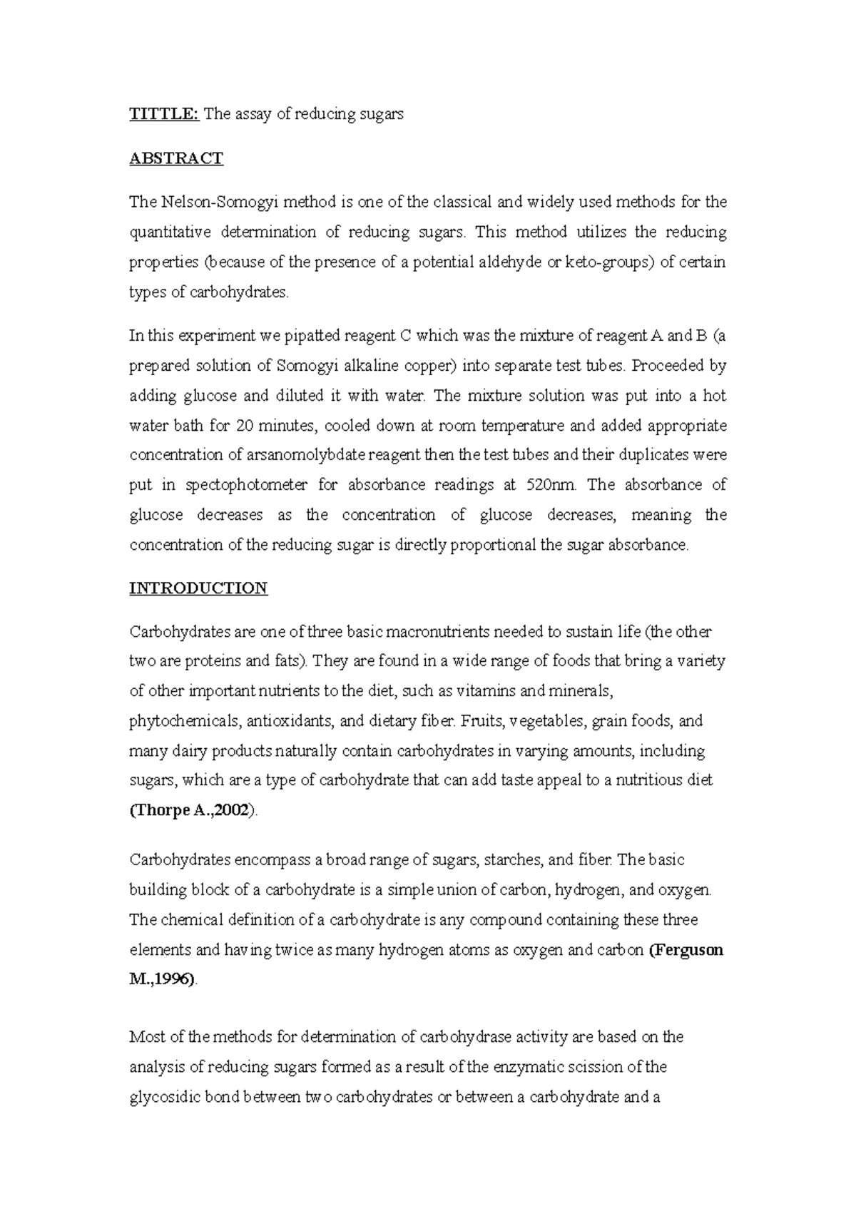 BCH 313 Practical 1: Assay of Reducing Sugars Using Nelson-Somogyi ...