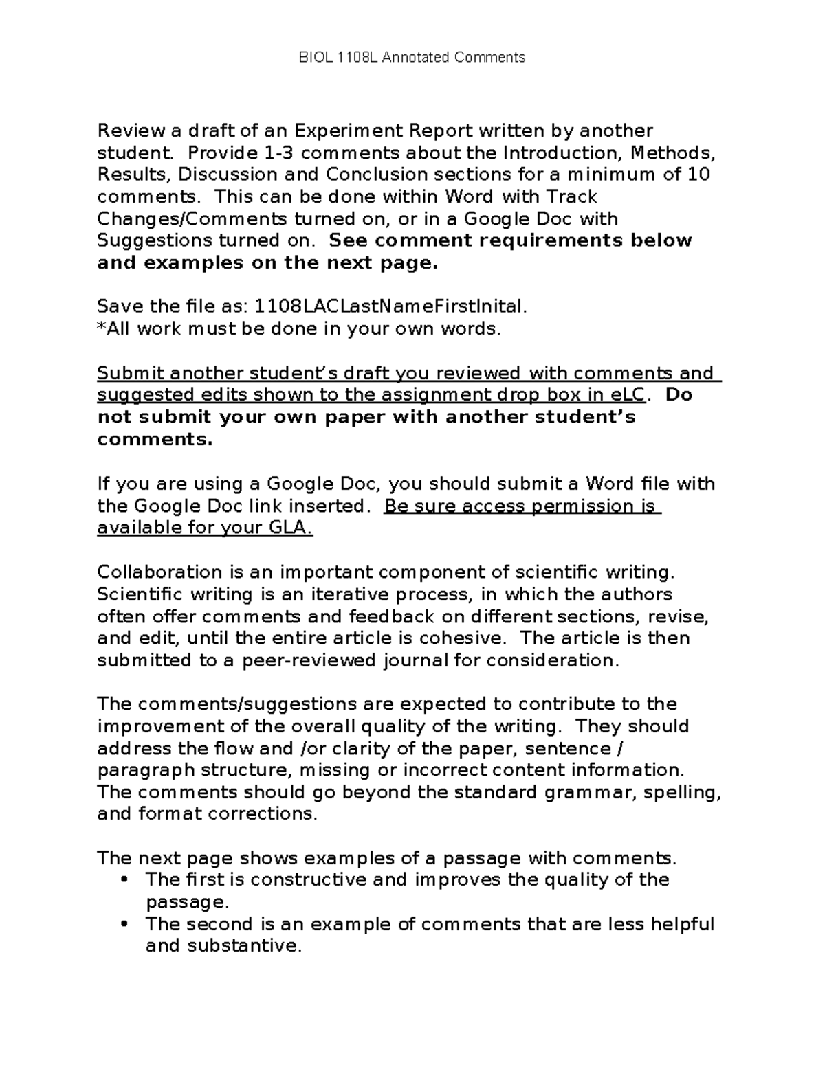 Lab 8 1108L Annotated Comments - BIOL 1108L Annotated Comments Review a ...