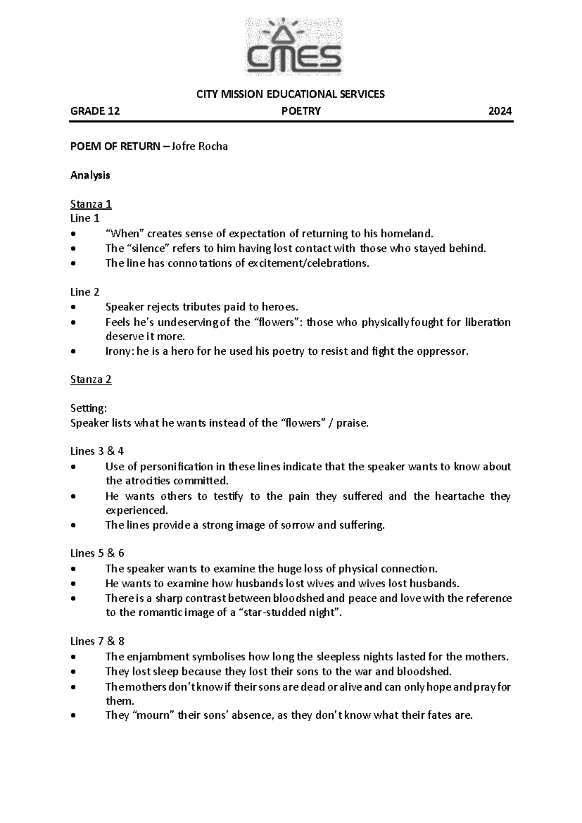 Grade 12 Poetry (2024): Poem of Return Analysis Notes - Studocu