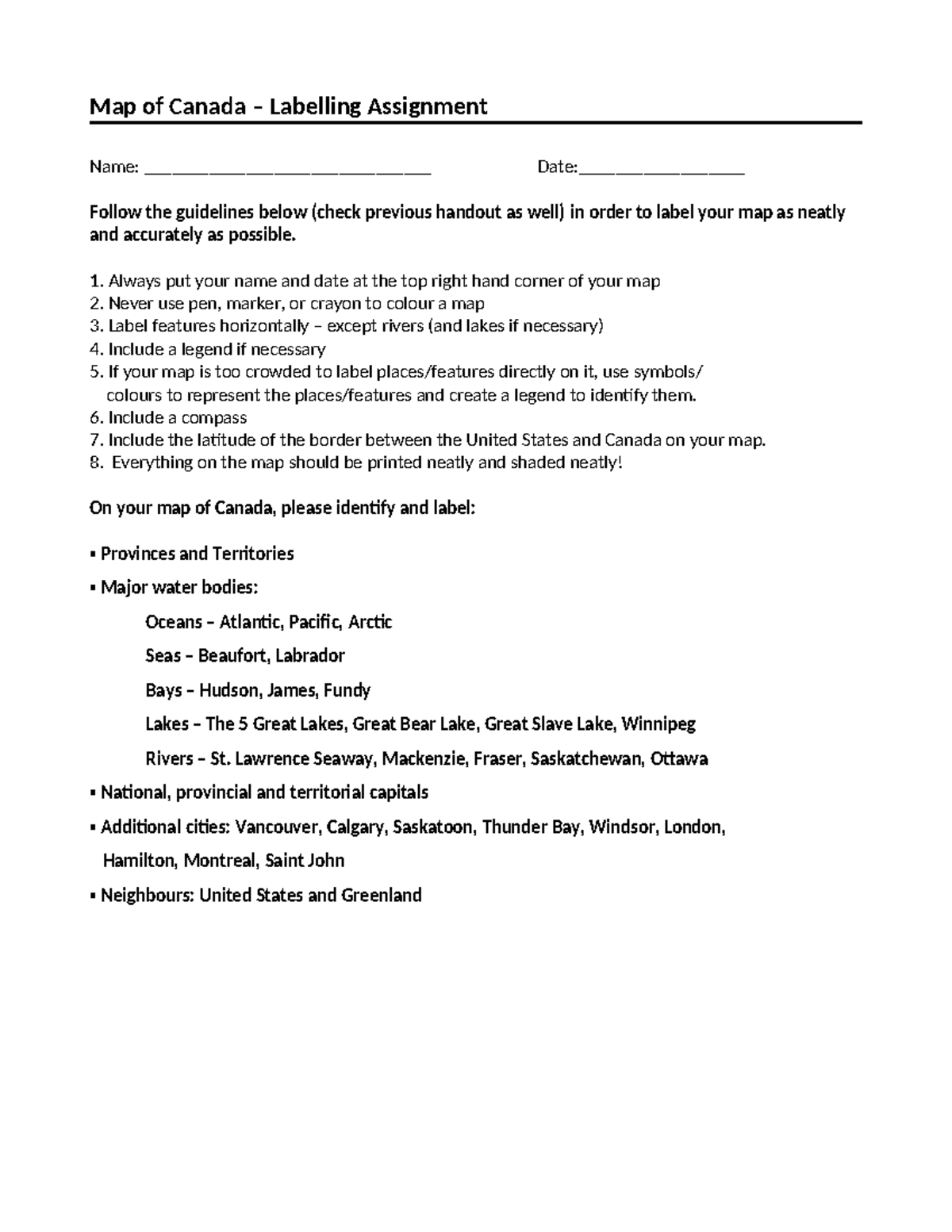 Map of canada assignment - Map of Canada – Labelling Assignment Name ...