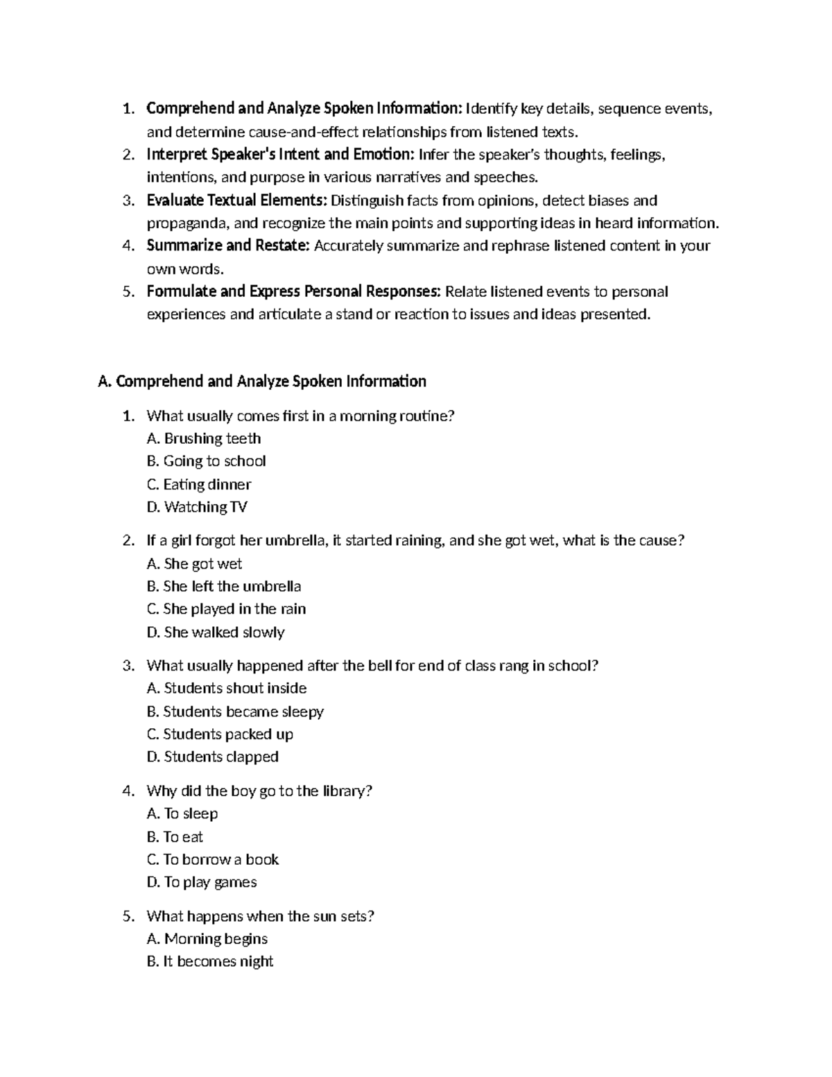 LS 1 ENG ELEM 1 - Listening Comprehension & Response Strategies - Studocu