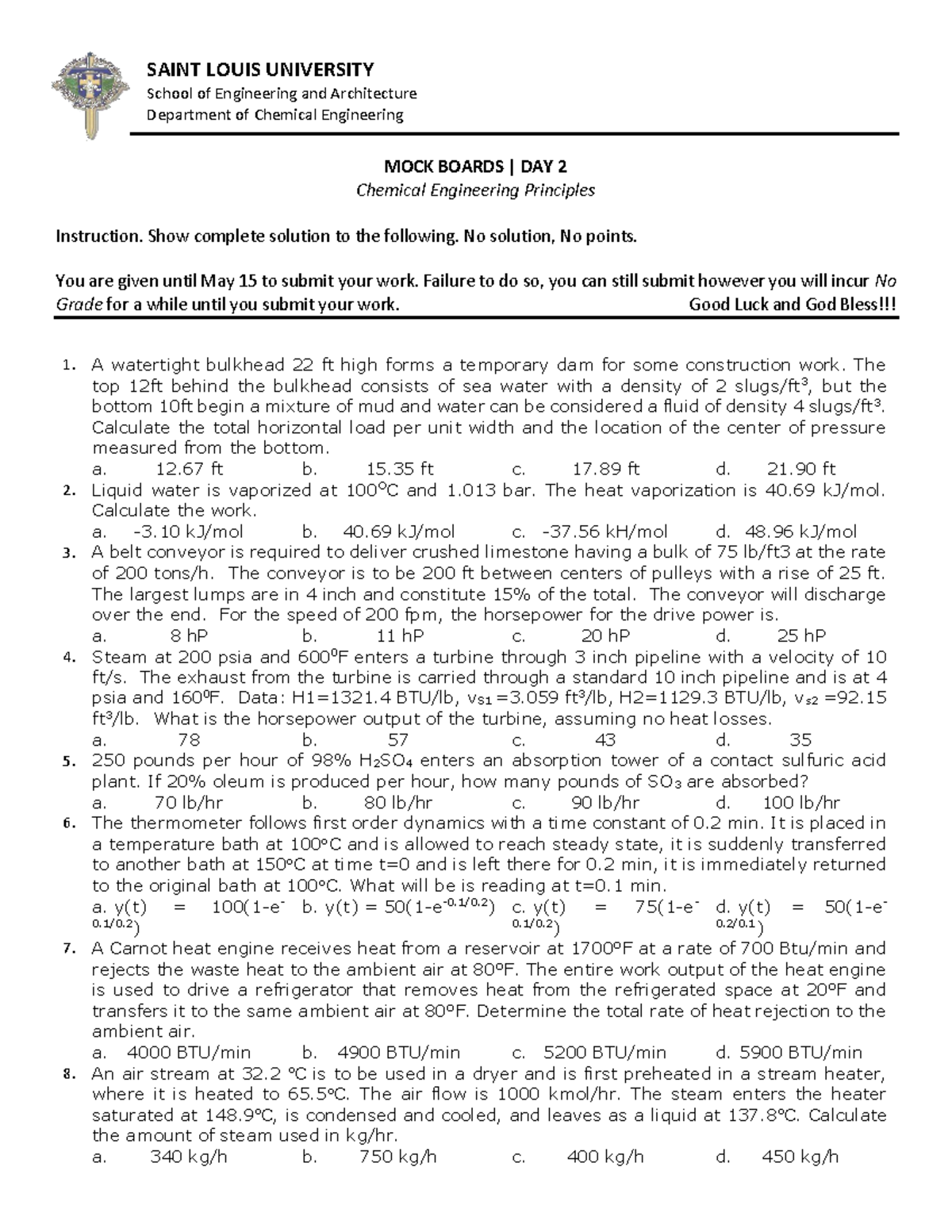 Chemical Engineering Principles Mock Boards Day 2 - SAINT LOUIS UNIVERSITY - Studocu
