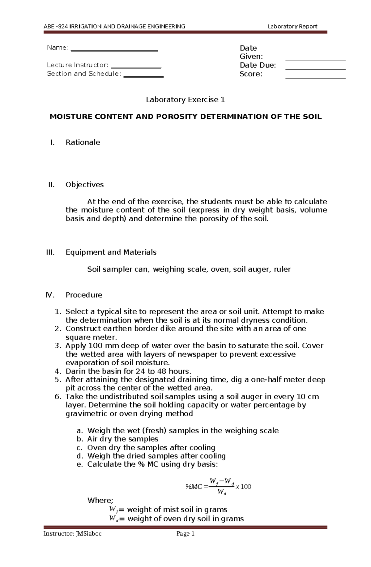 ABE Irrigation & Drainage Eng. Lab Report: Moisture & Porosity Analysis ...