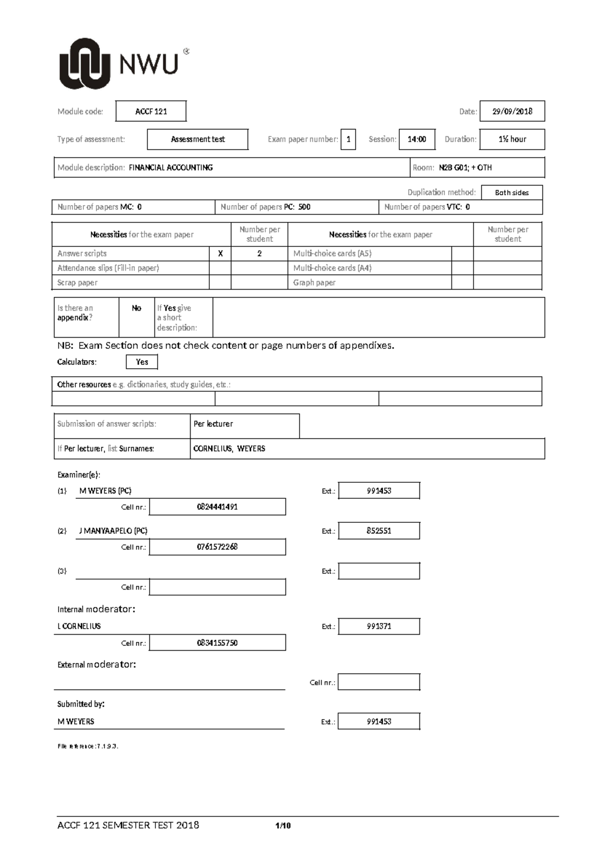 2018 ACCF 121 Final Exam Paper: Financial Accounting Assessment Details ...