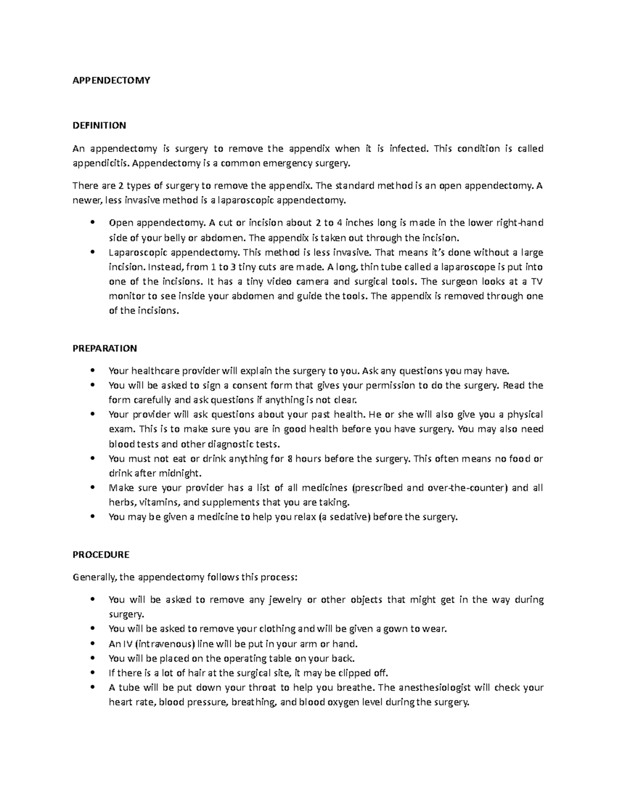 Appendectomy Surgery Overview and Nursing Responsibilities - Studocu