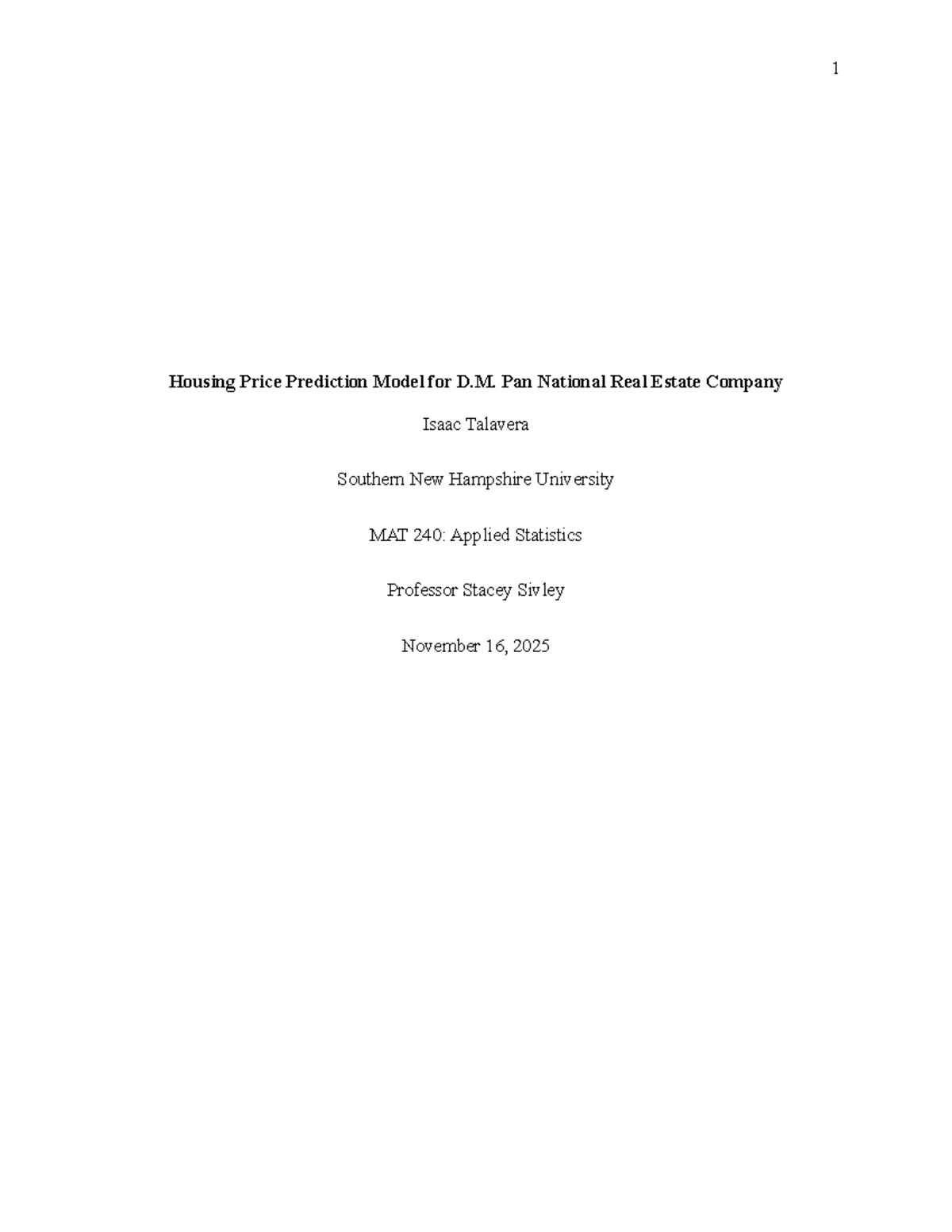 MAT 240: Housing Price Prediction Model - Module 3 Assignment - Studocu