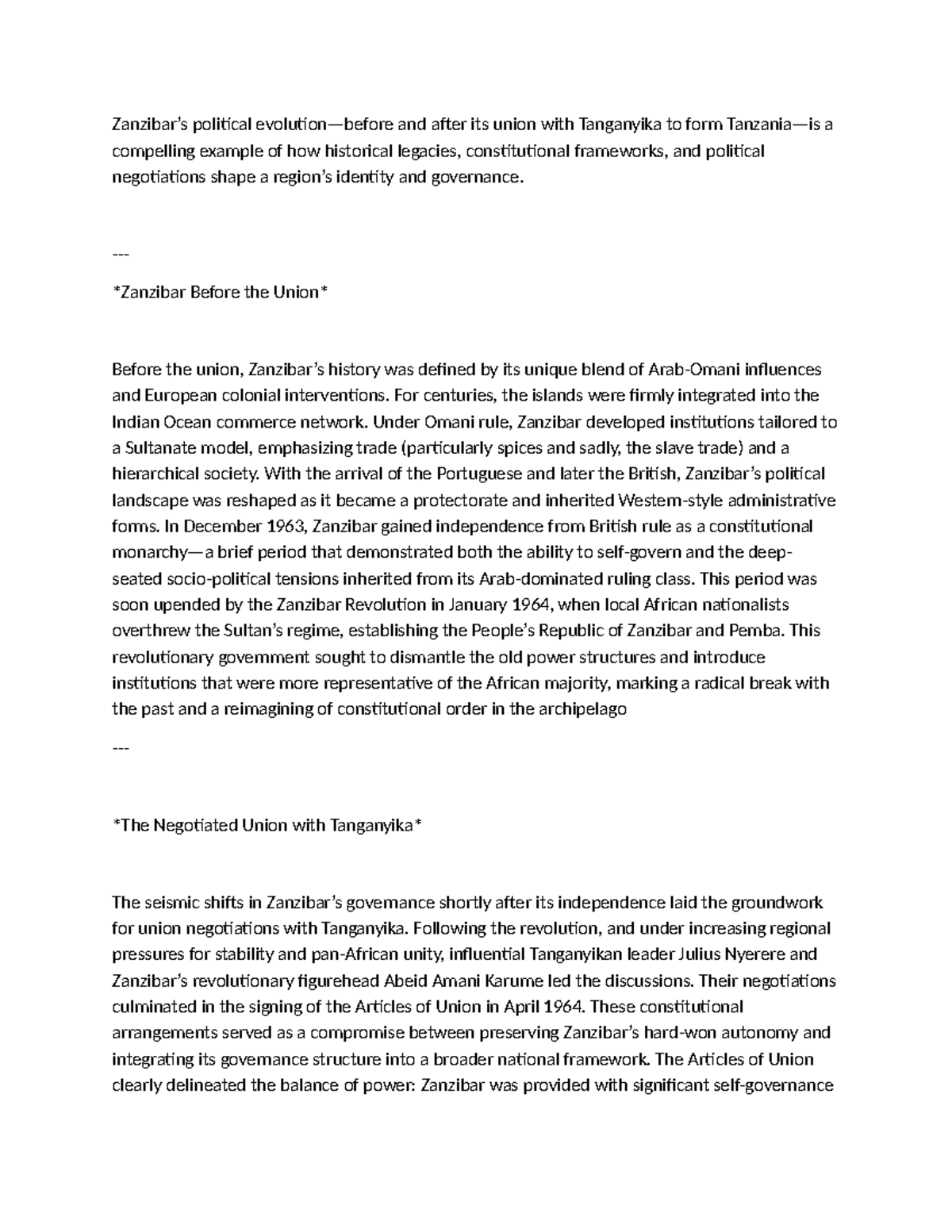 Zanzibar's Political Evolution: From Sultanate to Union with Tanganyika ...