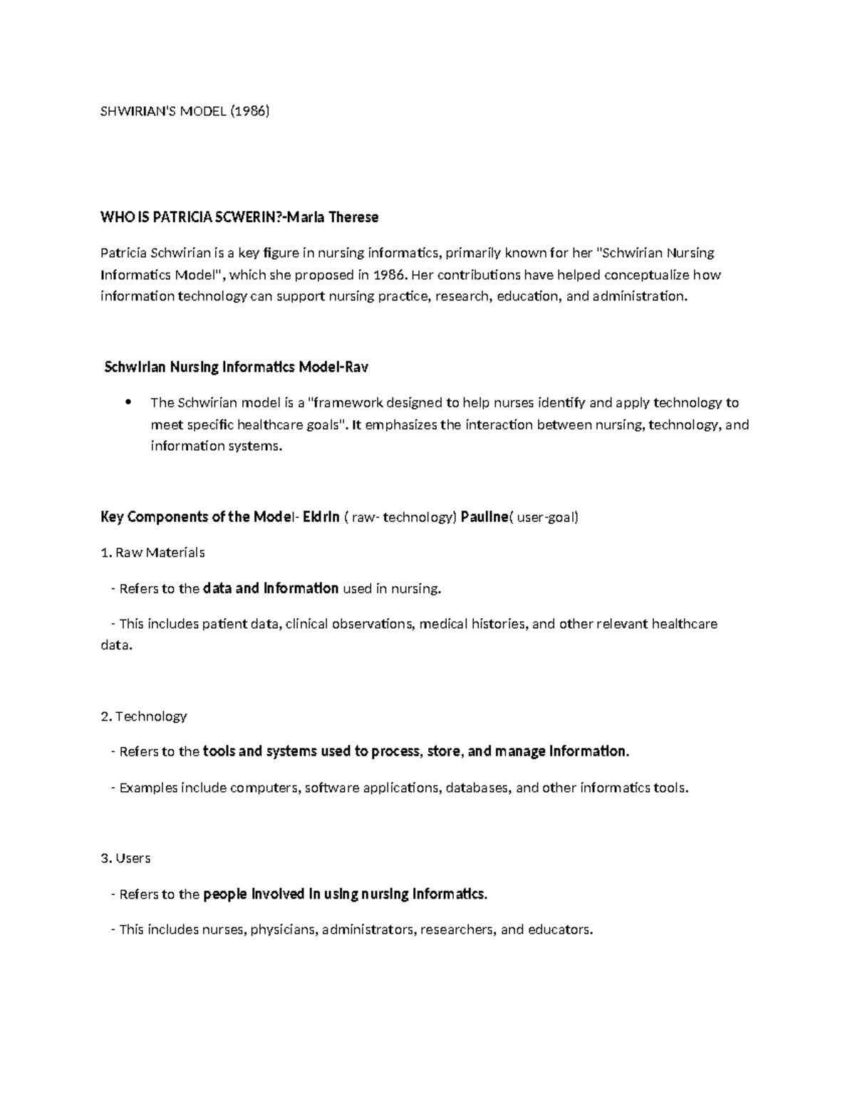 Schwirian's Nursing Informatics Model Overview (1986) - Key Components ...