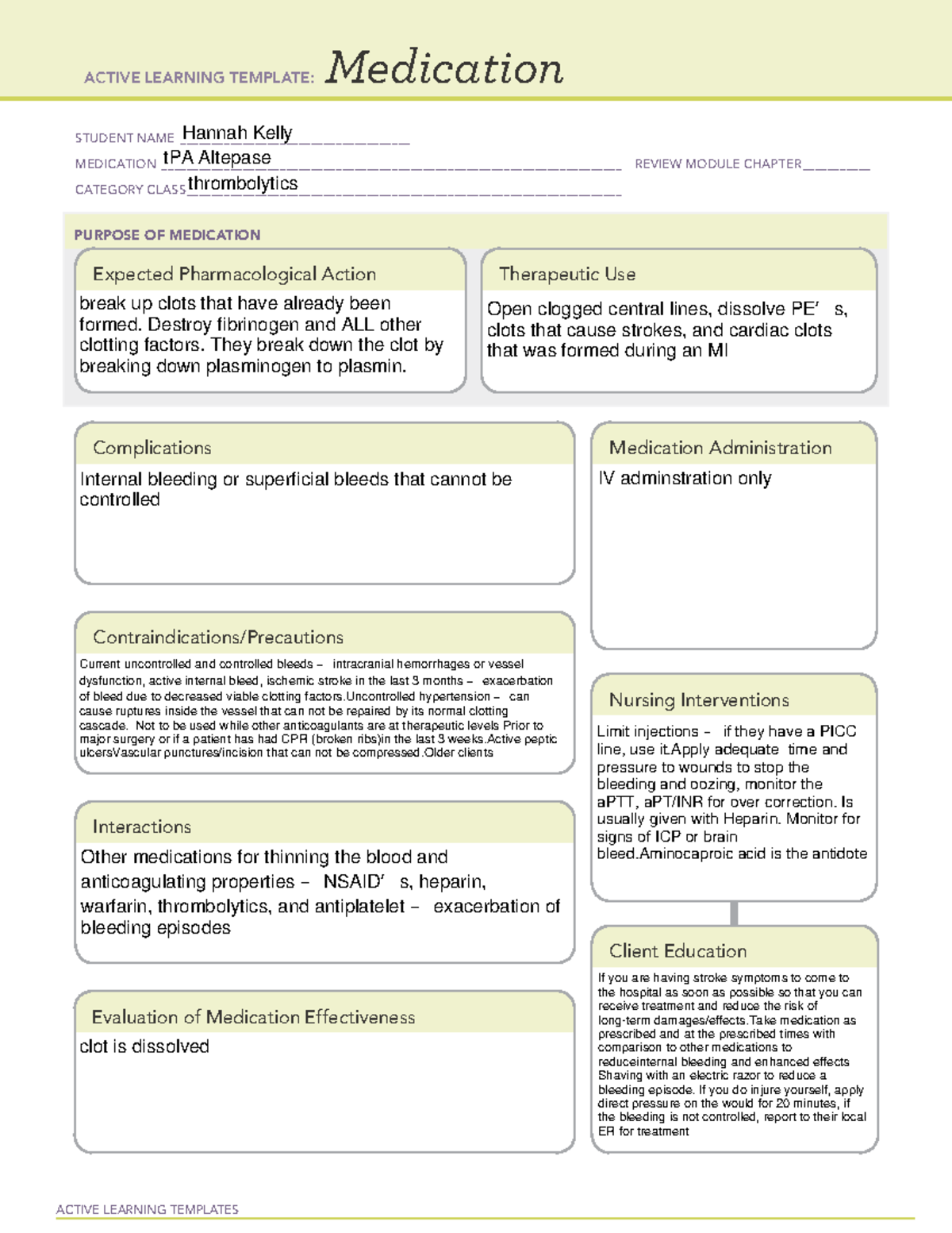 tPA Medication Template: Active Learning for ATI Class - Studocu