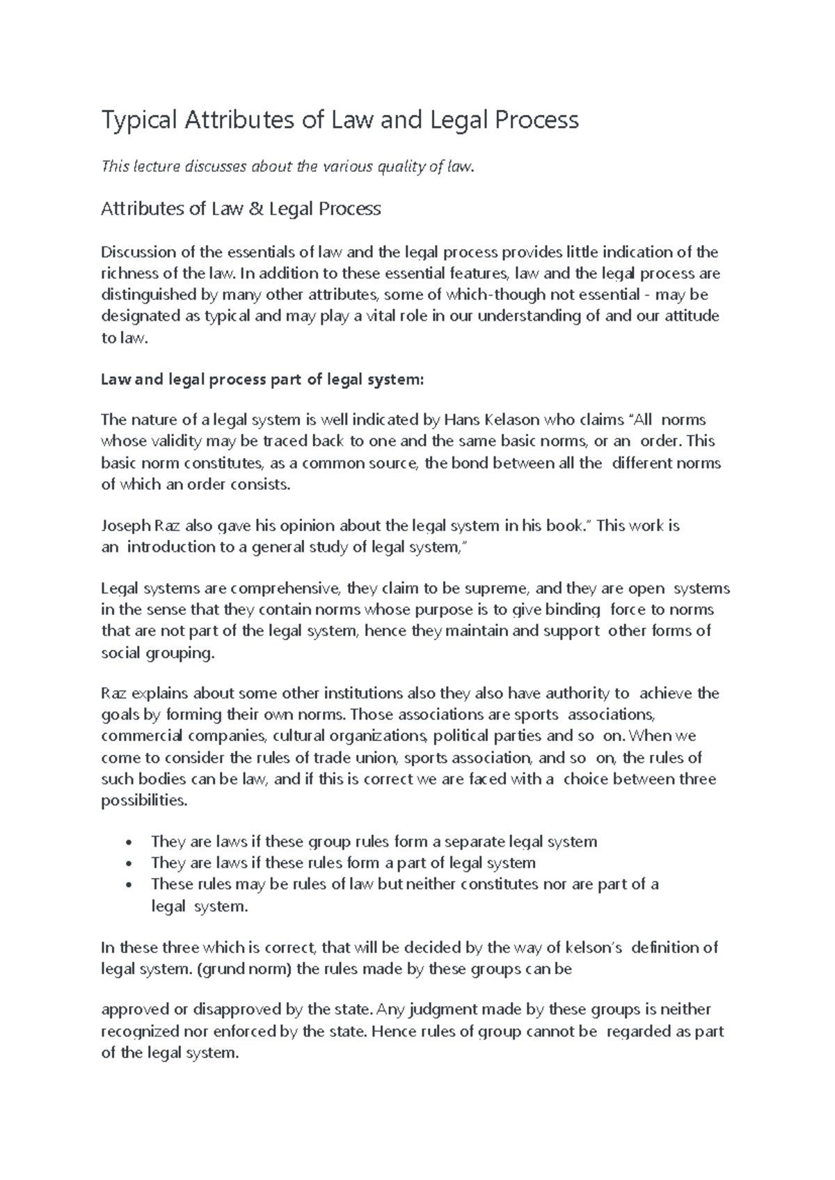 Legal Methods Lecture Notes - Attributes of Law and Legal Process - Studocu