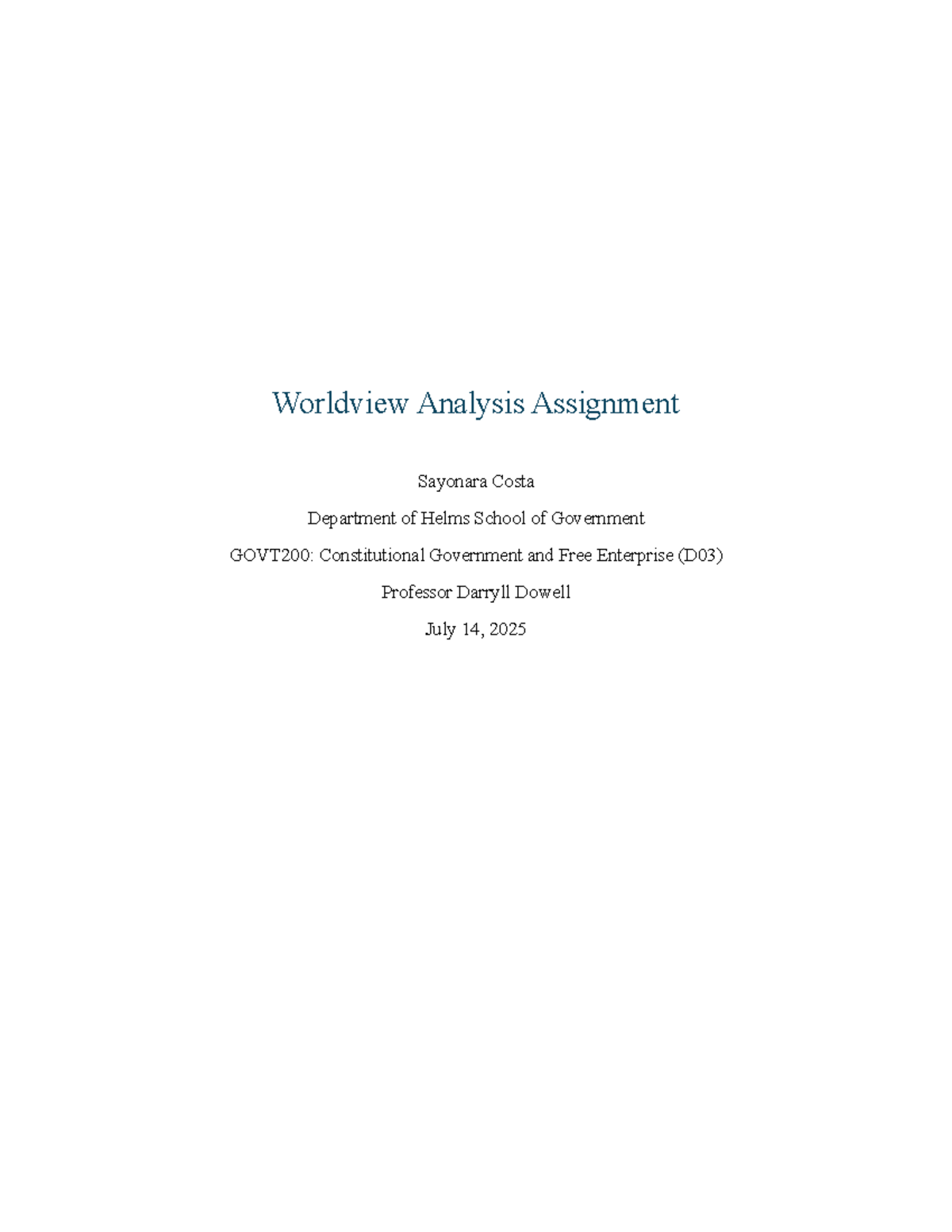 GOVT200: Worldview Analysis Assignment on Process Philosophy vs ...