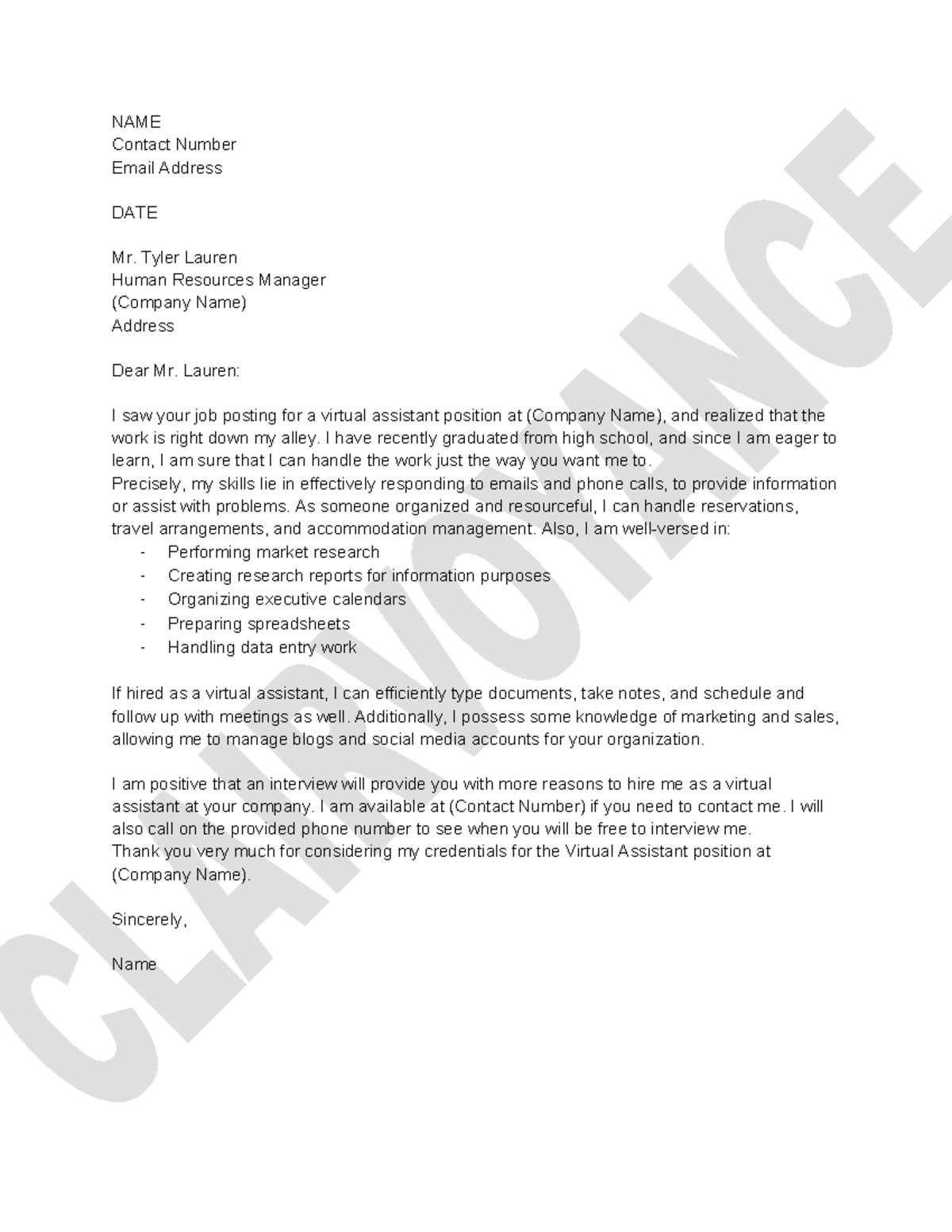 Cover Letter Sample for Virtual Assistant Position - Studocu