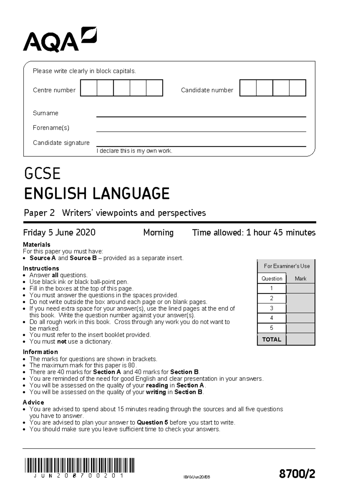 AQA English Language GCSE June 2020 Paper 2 Question Paper - Studocu