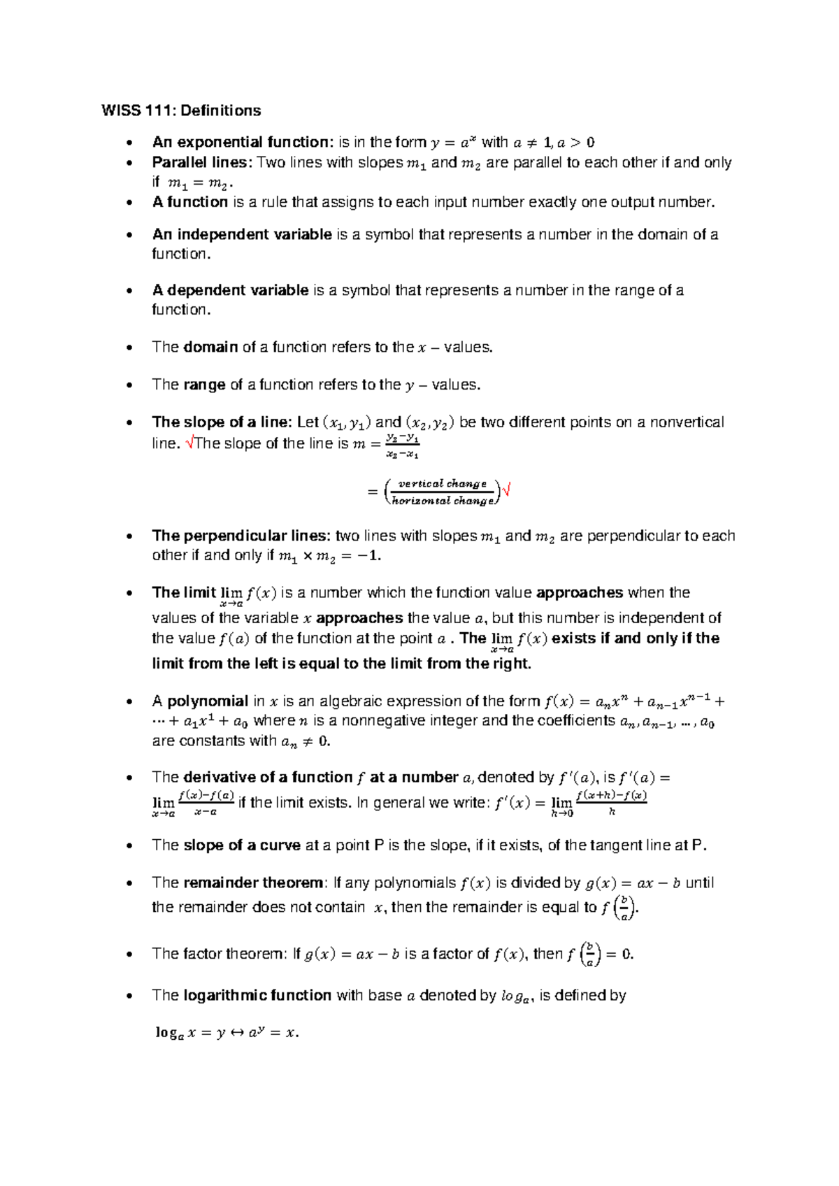 WISS 111: Definitions of Key Mathematical Concepts - Studocu