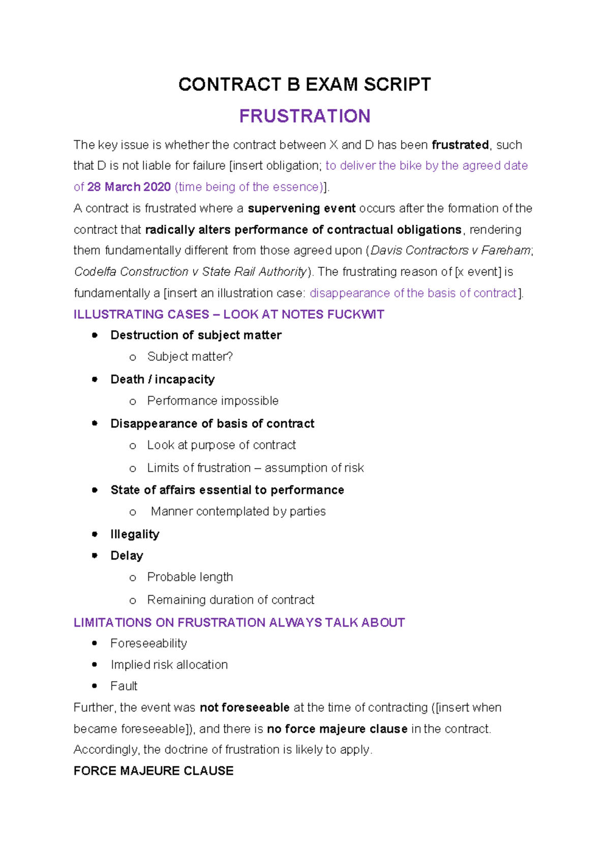 Contract B Exam Script: Frustration and Legal Implications - Studocu