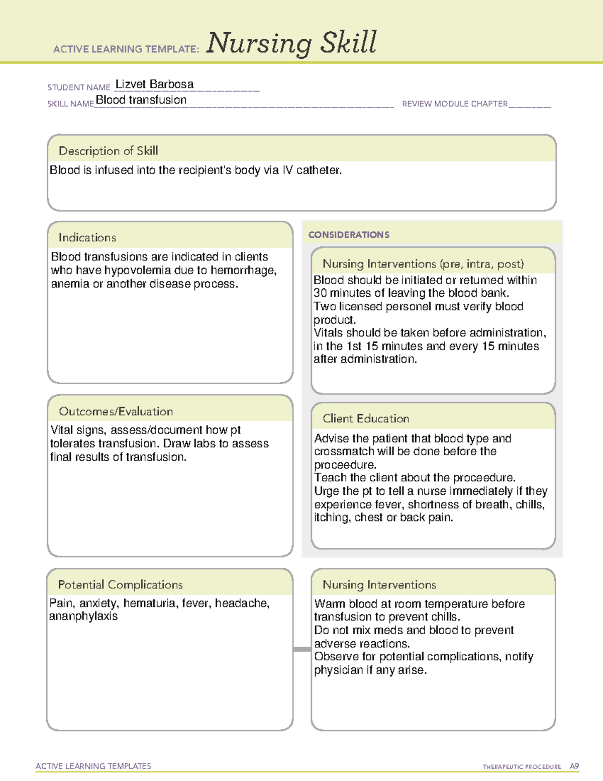 Nursing Skill Active Learning Template: Blood Transfusions Overview ...