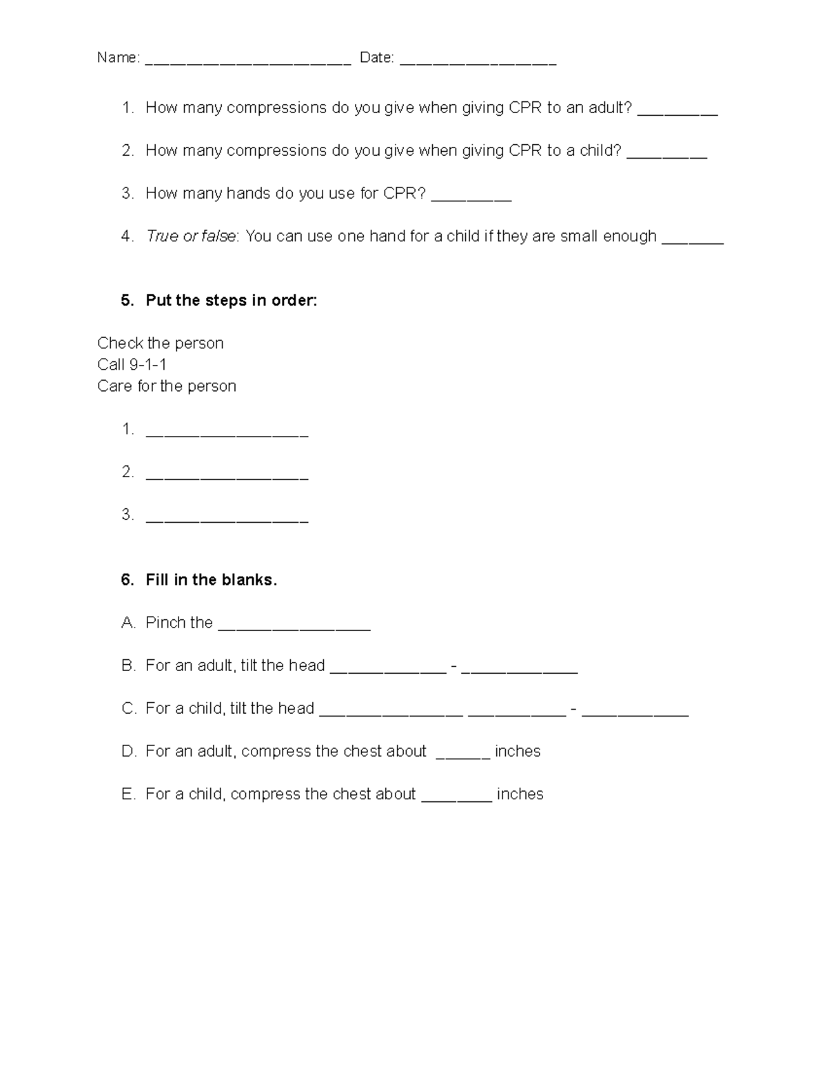 H9 CPR Demo Worksheet - Health Class CPR Guidelines - Studocu
