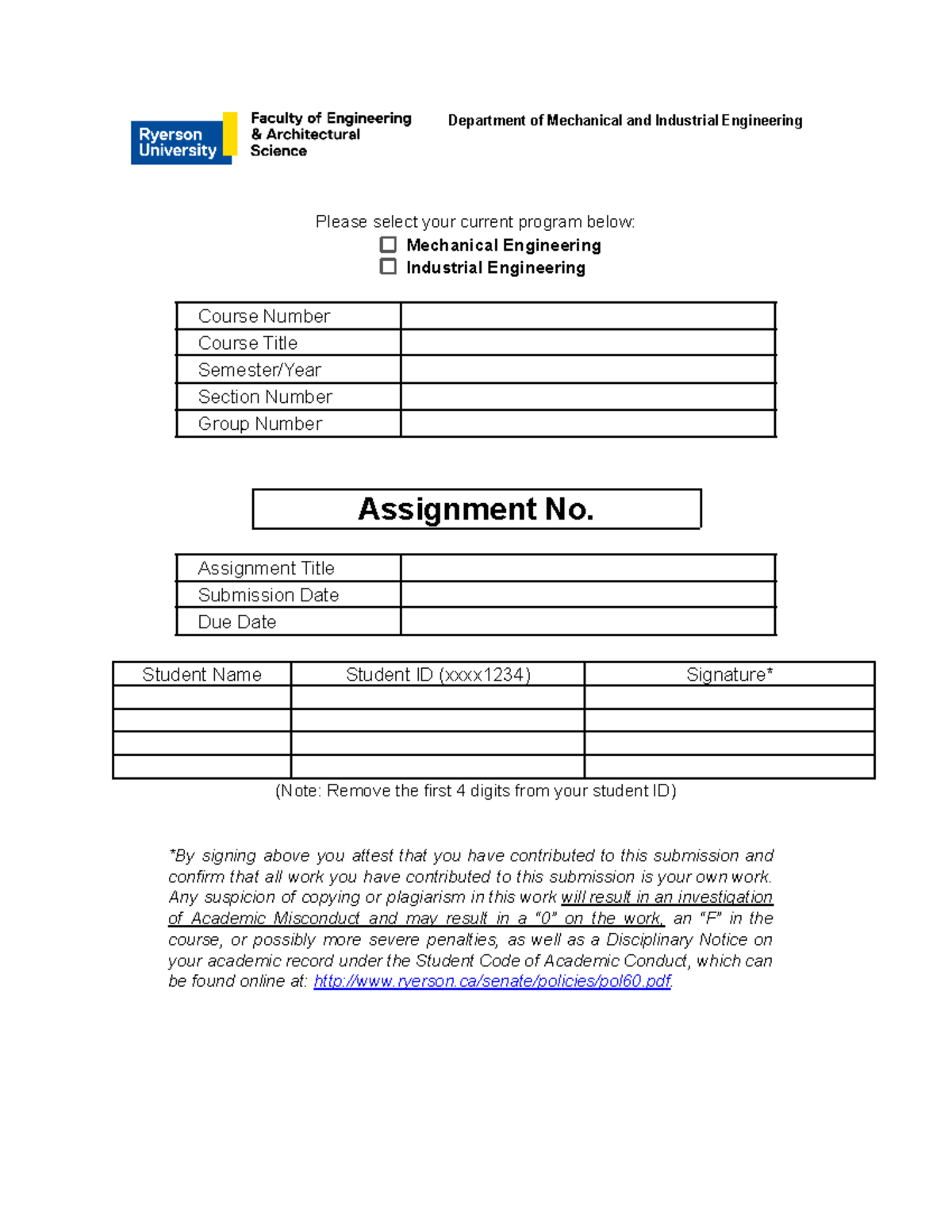 MIE Assignment Cover Page Template for Mechanical & Industrial Eng ...