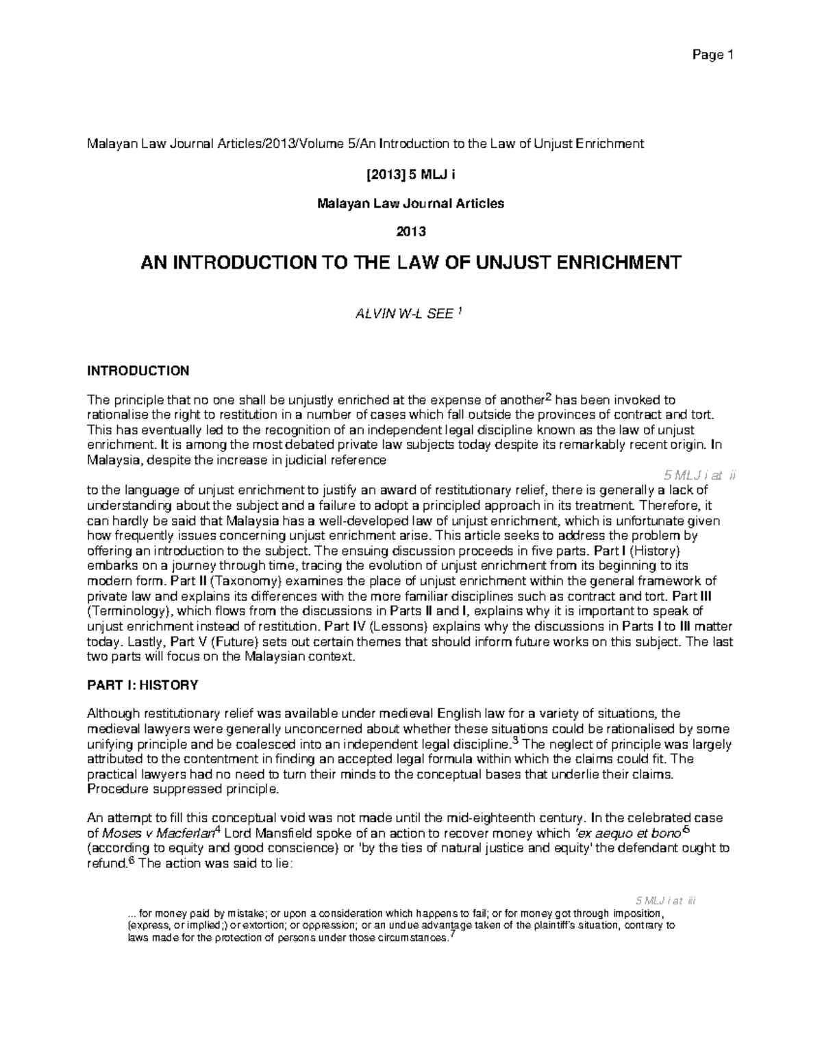 An Intro to Unjust Enrichment Law - [2013] 5 MLJ i - Studocu