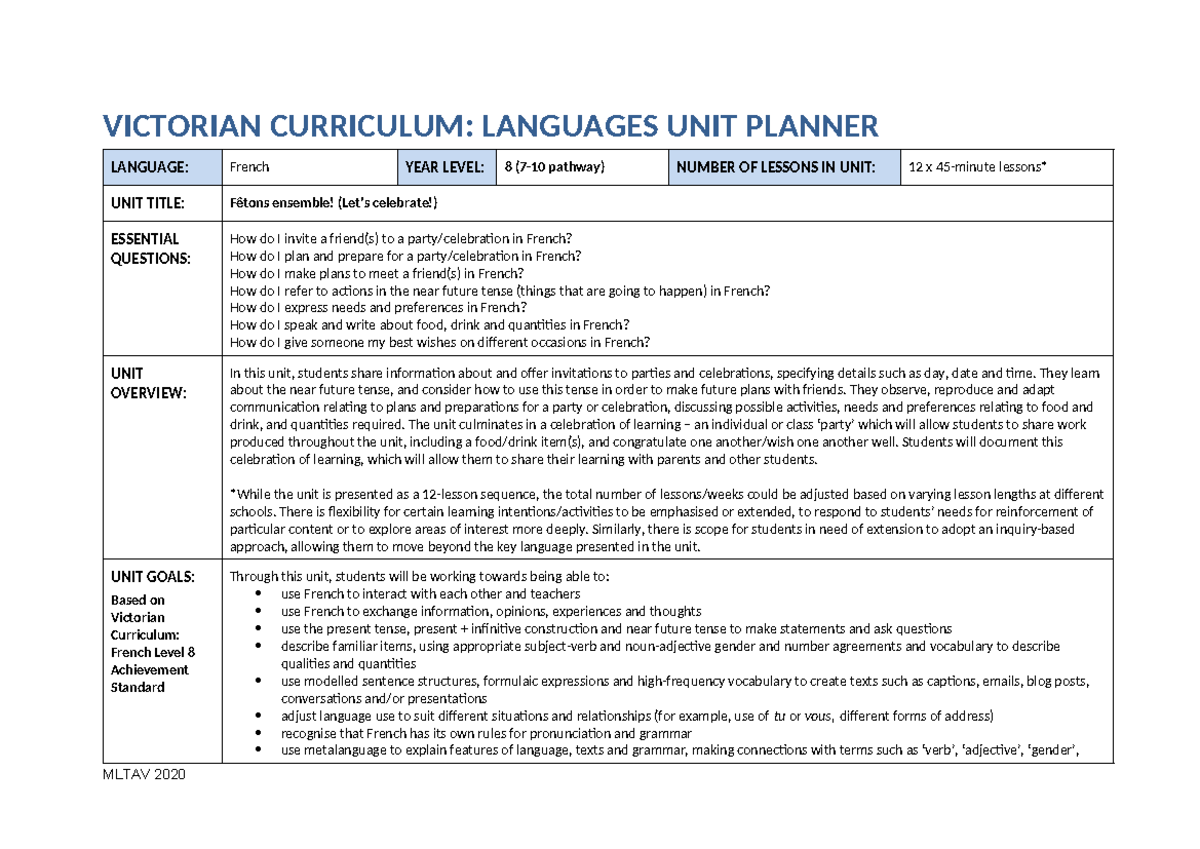 FRENCH UNIT PLANNER: Fêtons Ensemble! Year 8 Curriculum Overview - Studocu