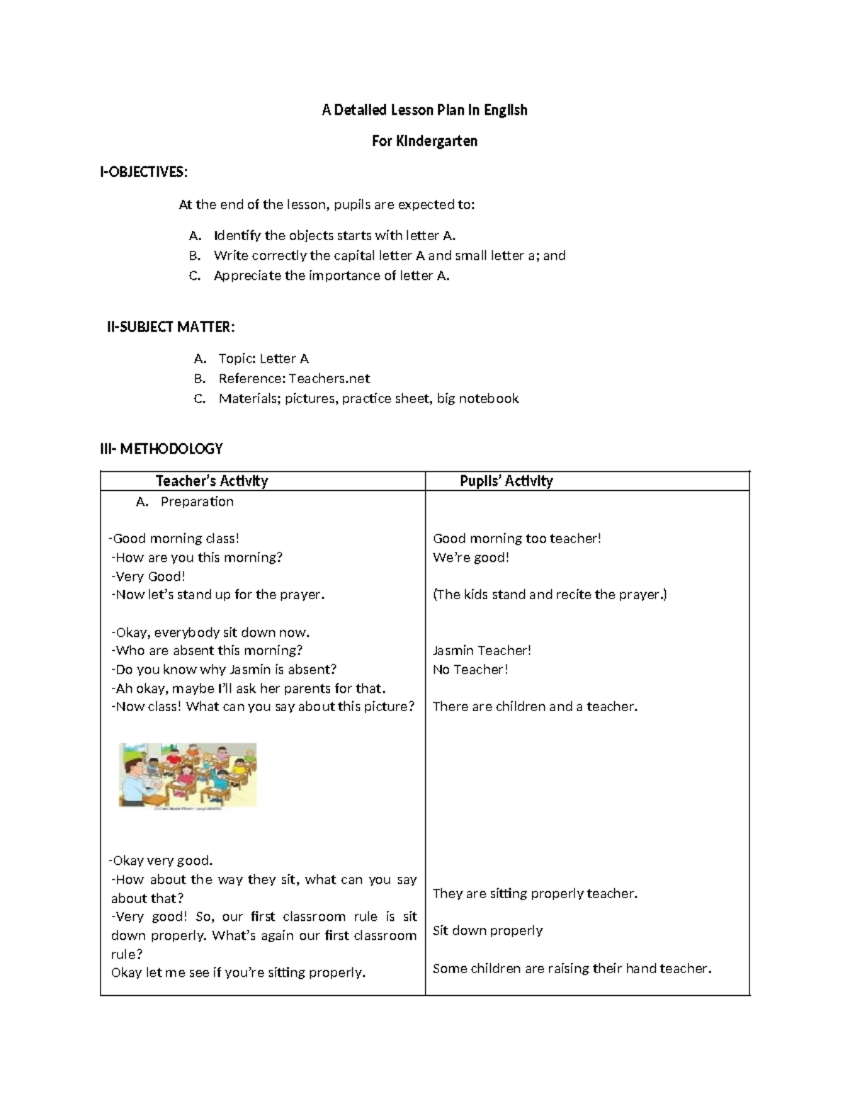 A Detailed Lesson Plan for Kindergarten: Learning Letter A - Studocu