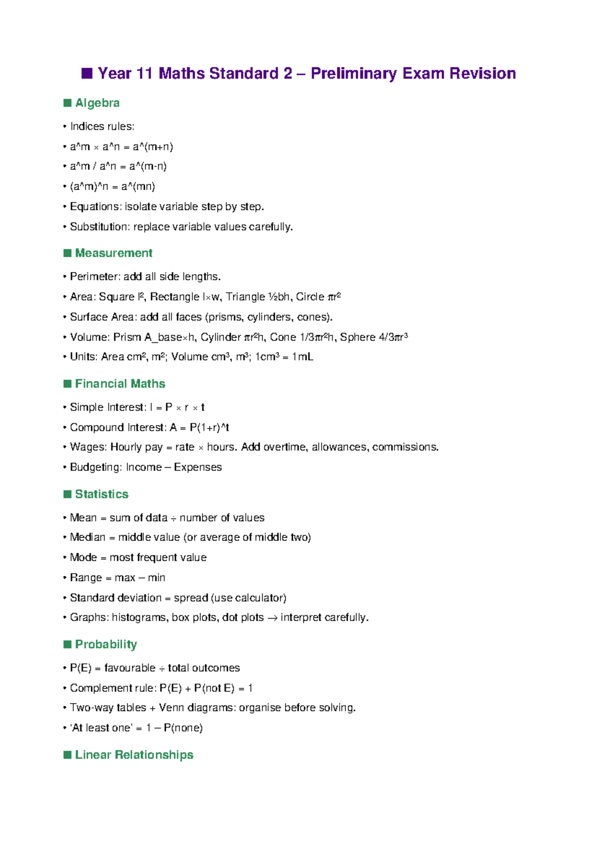 Maths Standard 2 Preliminary Exam Revision: Algebra & Statistics Guide - Studocu