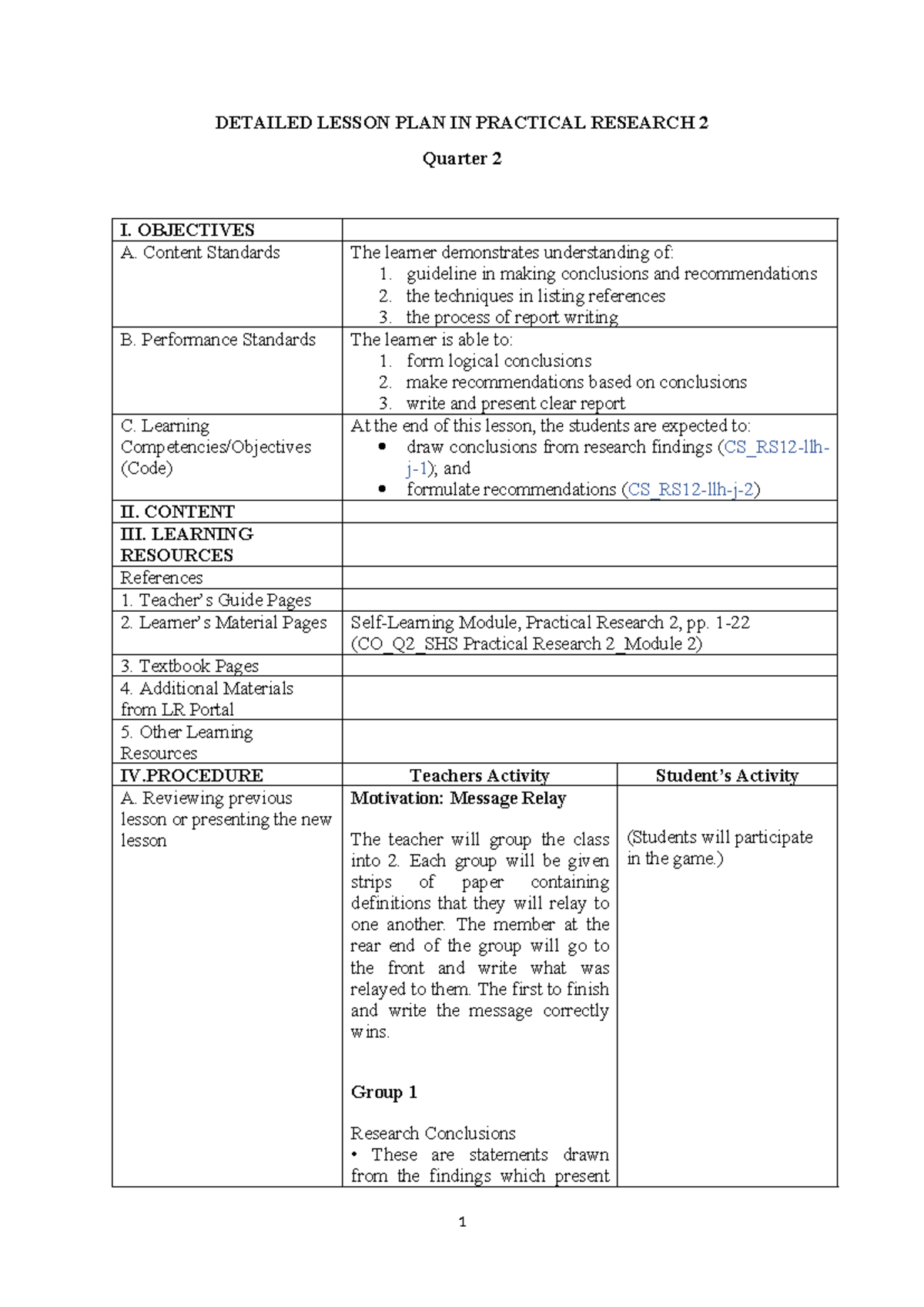 Detailed Lesson Plan: Research Conclusions & Recommendations (PR2 ...