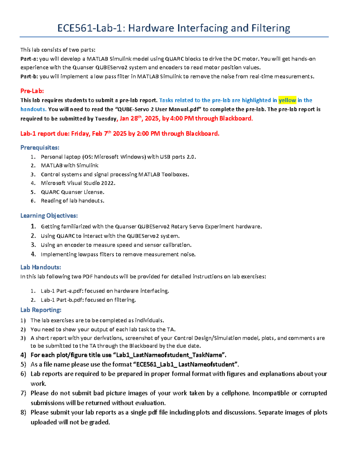 Lab-1 ECE-561 Handouts - ECE 561 - Lab- 1 : Hardware Interfacing and Filtering This lab consists ...