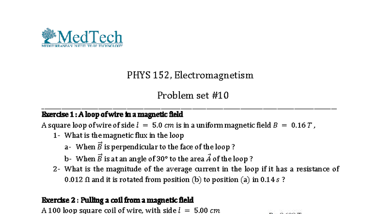 PHYS 152 Electromagnetism Problem Set 1: Magnetic Flux & Induced EMF ...