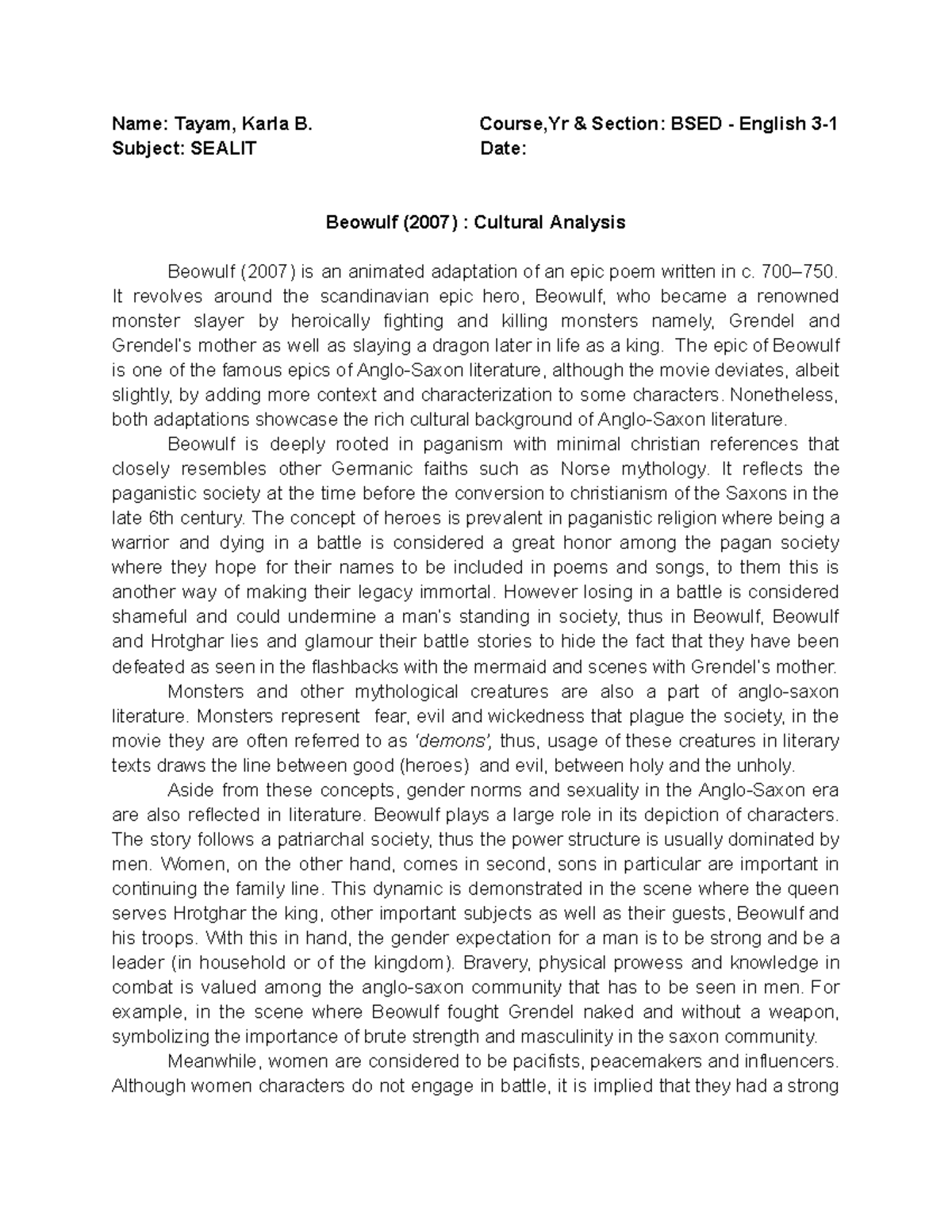 LIT 101: Cultural Analysis of Beowulf (2007) Adaptation - Studocu