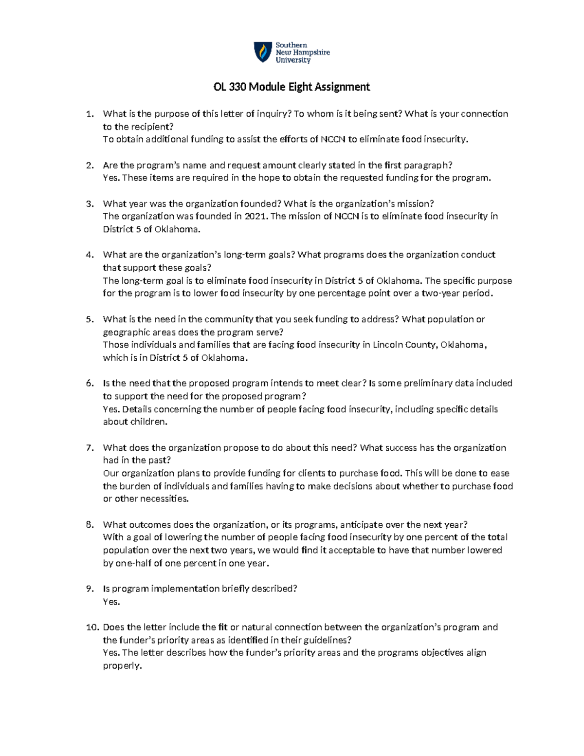 OL 330 Funding Proposal for Food Insecurity Program - Studocu