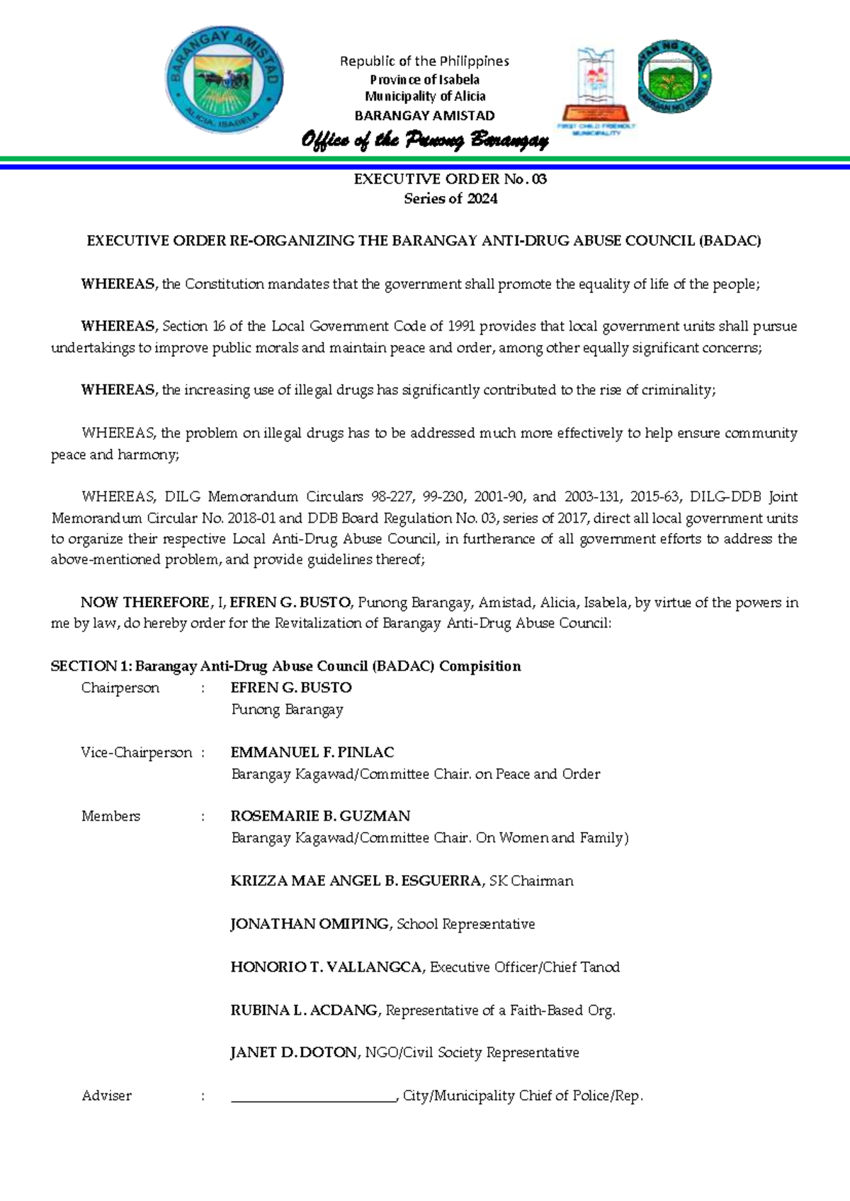 Executive Order No. 03-2024: Revitalization of BADAC in Barangay ...