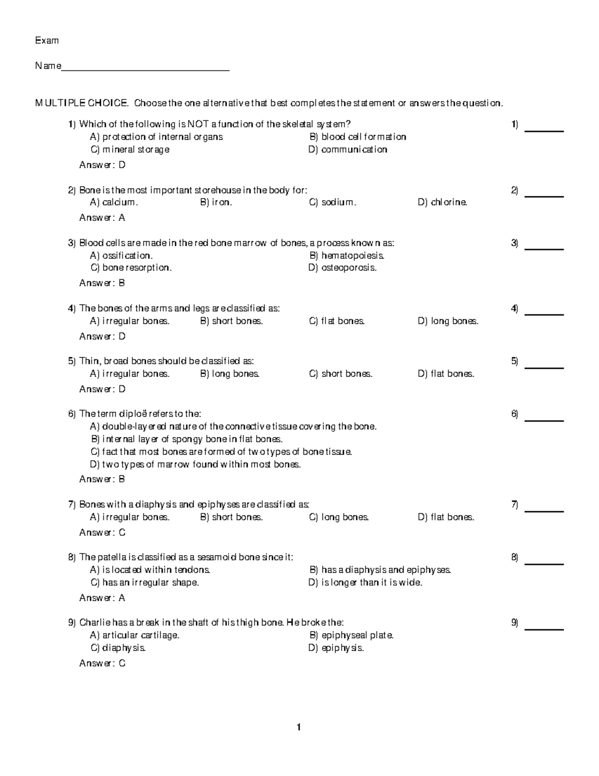 Chapter 6 - Bone Structure and Functions: Exam Questions (Human Anatomy ...