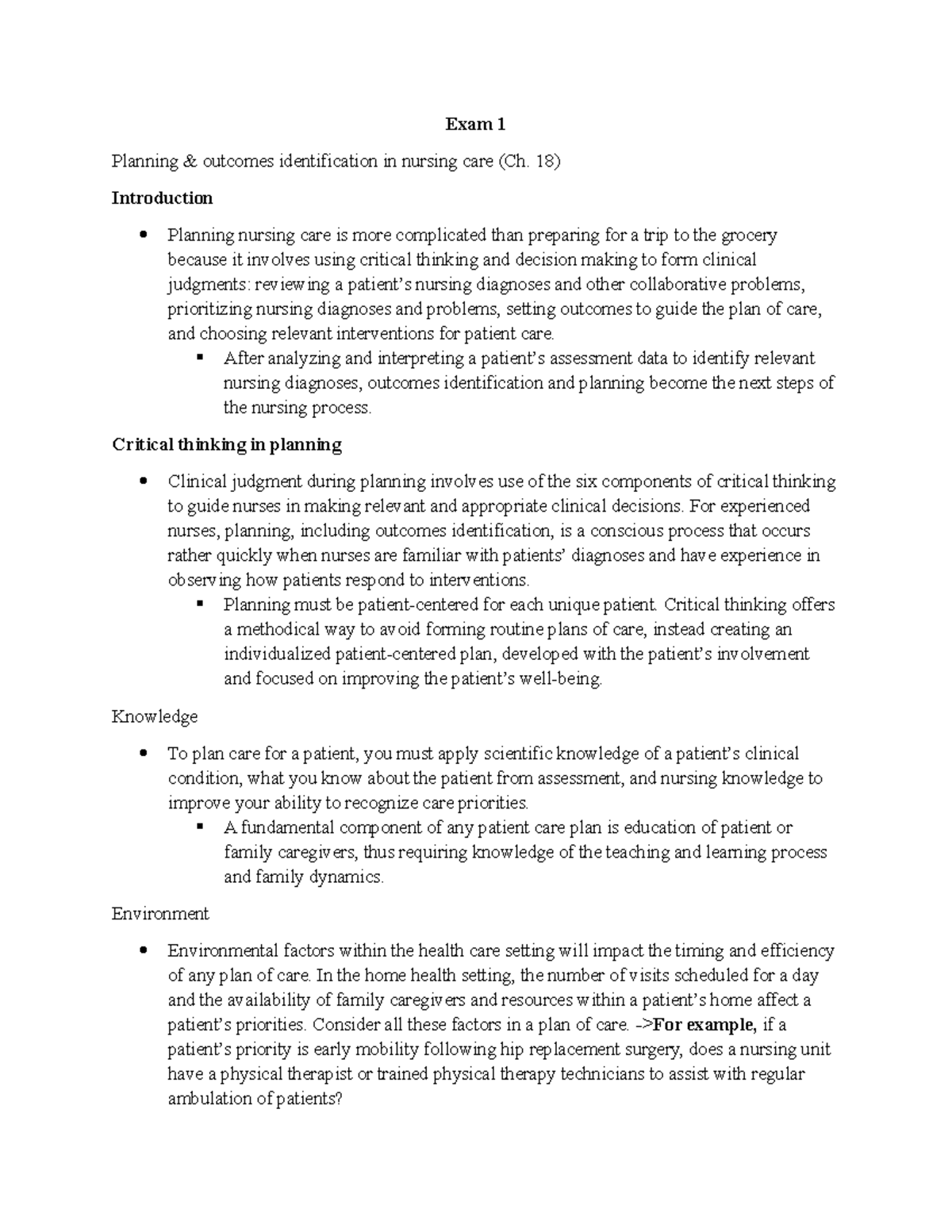 Exam 1 - Planning Outcomes in Nursing Care (Ch. 18) Lecture Notes - Studocu