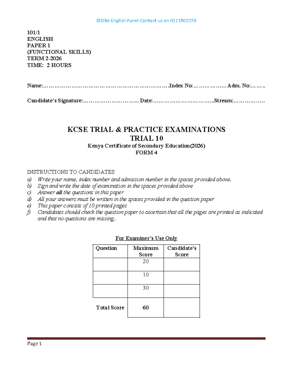 KCSE Trial 10: English Paper 1 (Functional Skills) Exam Guide - Studocu