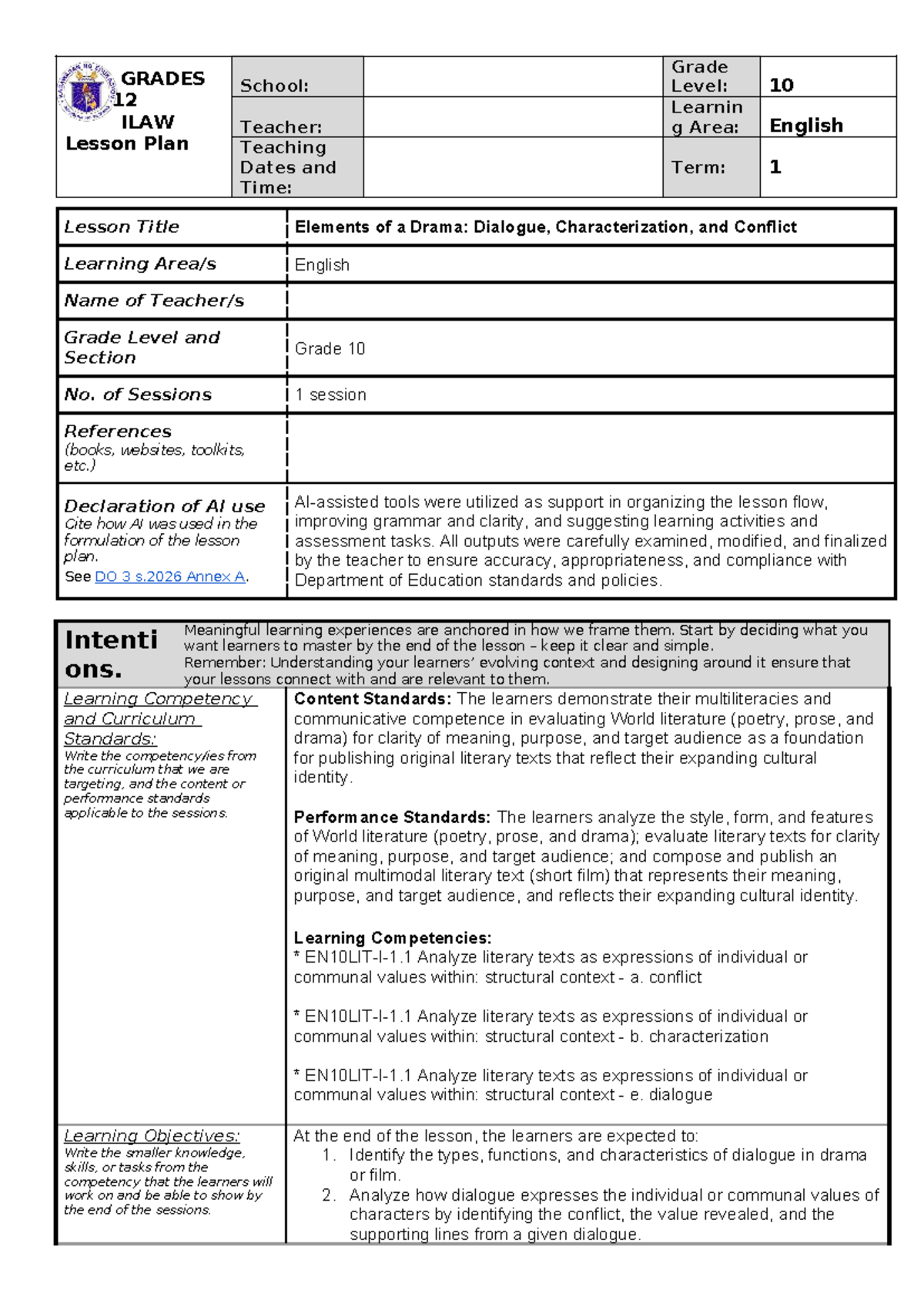 Grade 10 English 1 ILAW Lesson Plan: Elements of Drama - Dialogue ...