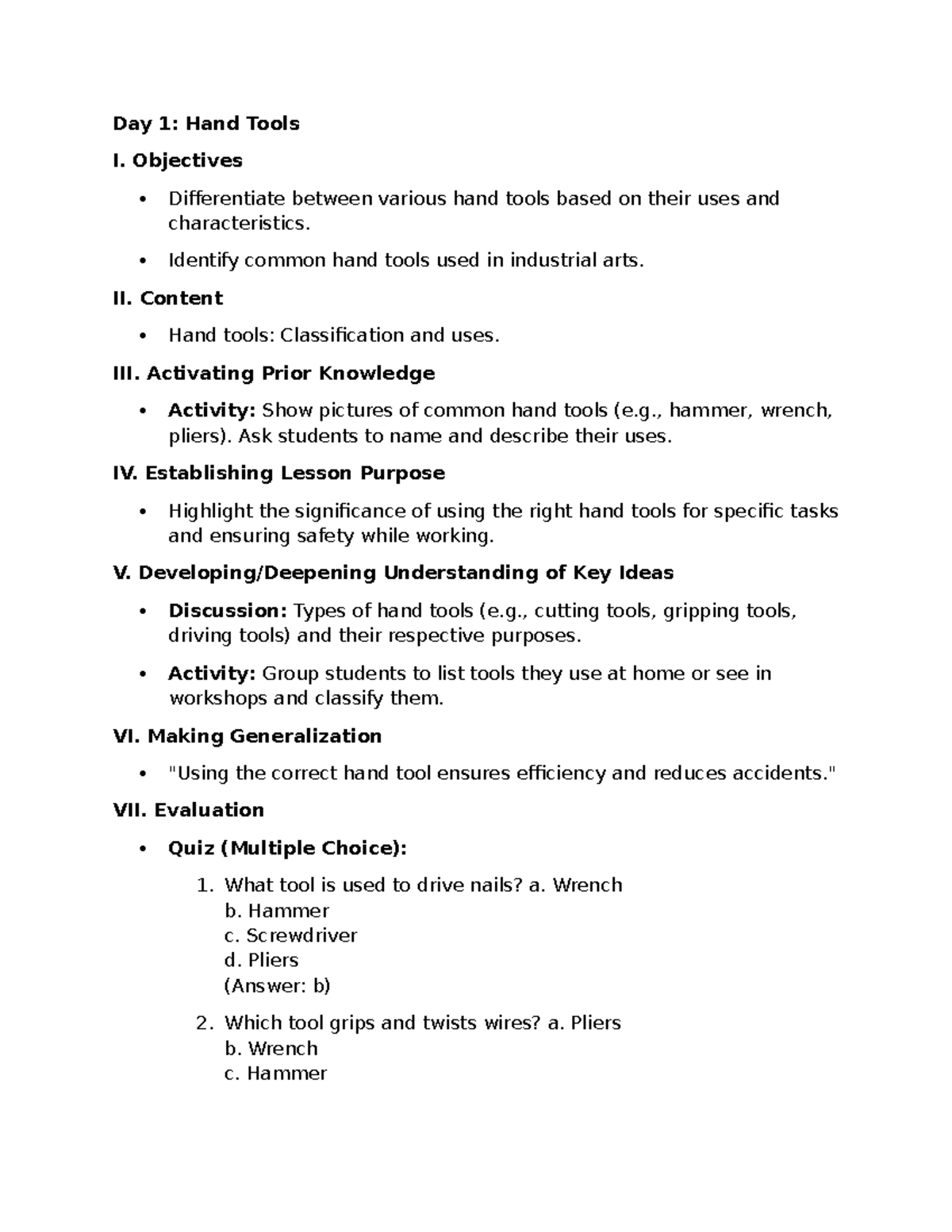 Hand Tools and Safety: Week 3 Overview for Industrial Arts - Studocu