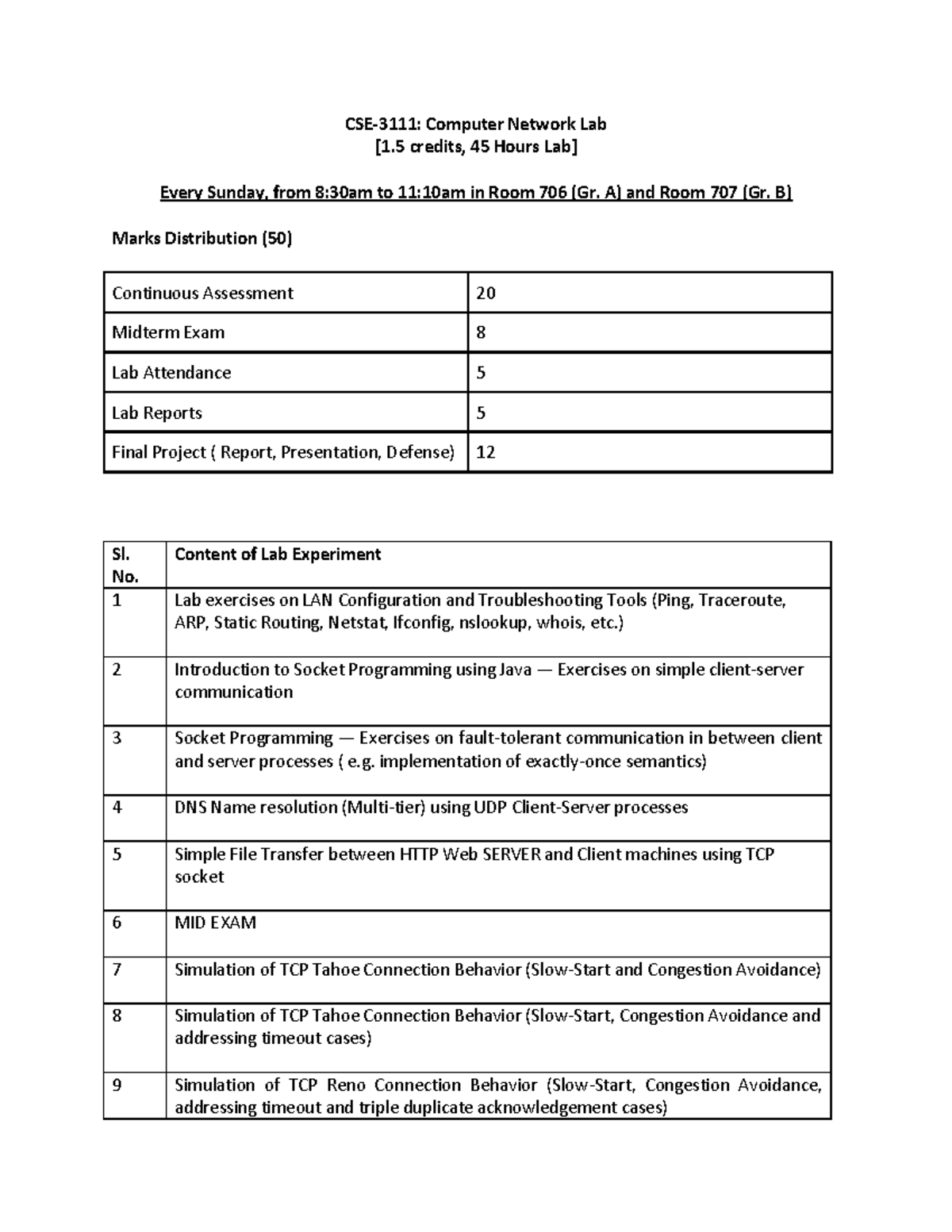 Lab Outline - CSE 3111 - CSE-3111: Computer Network Lab [1 credits, 45 Hours Lab] Every Sunday ...